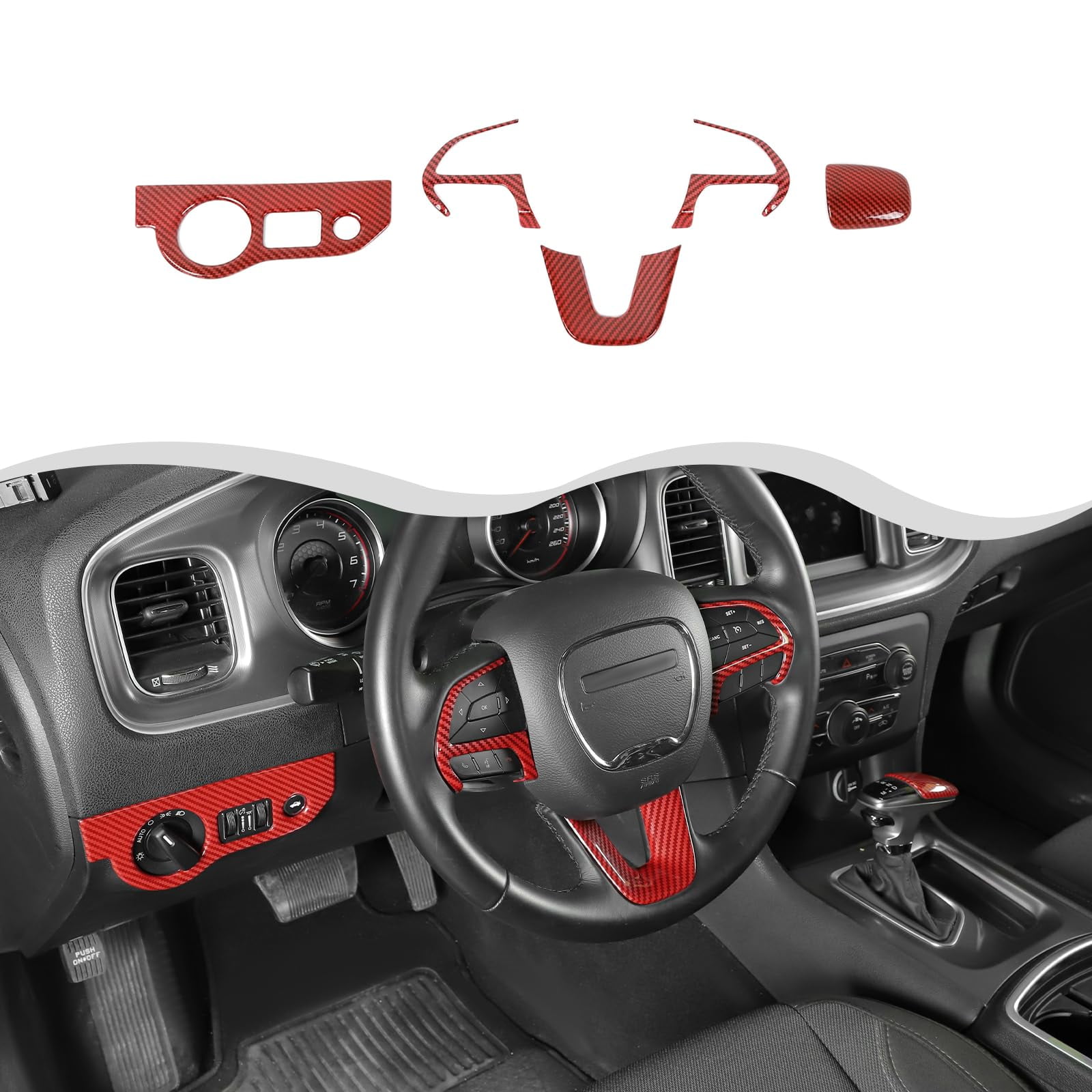 HTHE Red Carbon Fiber Interior Steering Wheel Trim/Inner Headlight Control Switch Cover/Gear ...