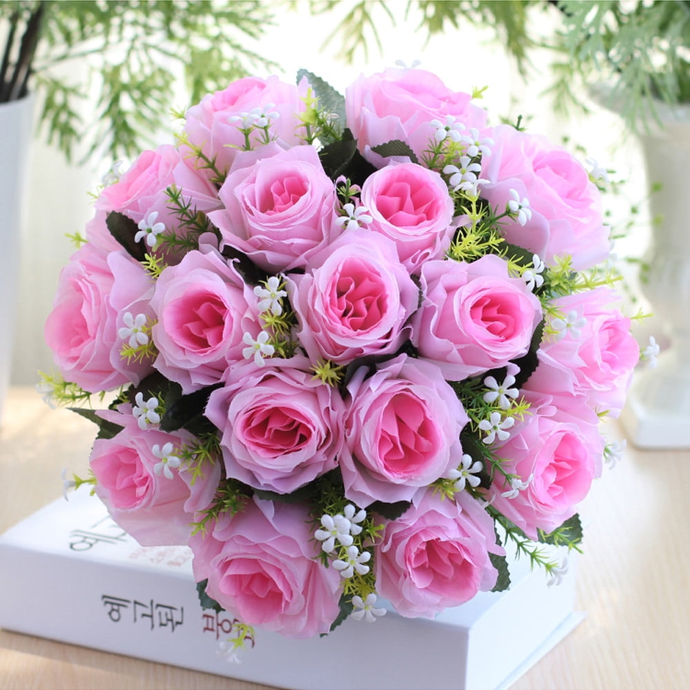 HTHJSCO Artificial flowers 18Head Artificial Silk Roses Flowers Bridal ...