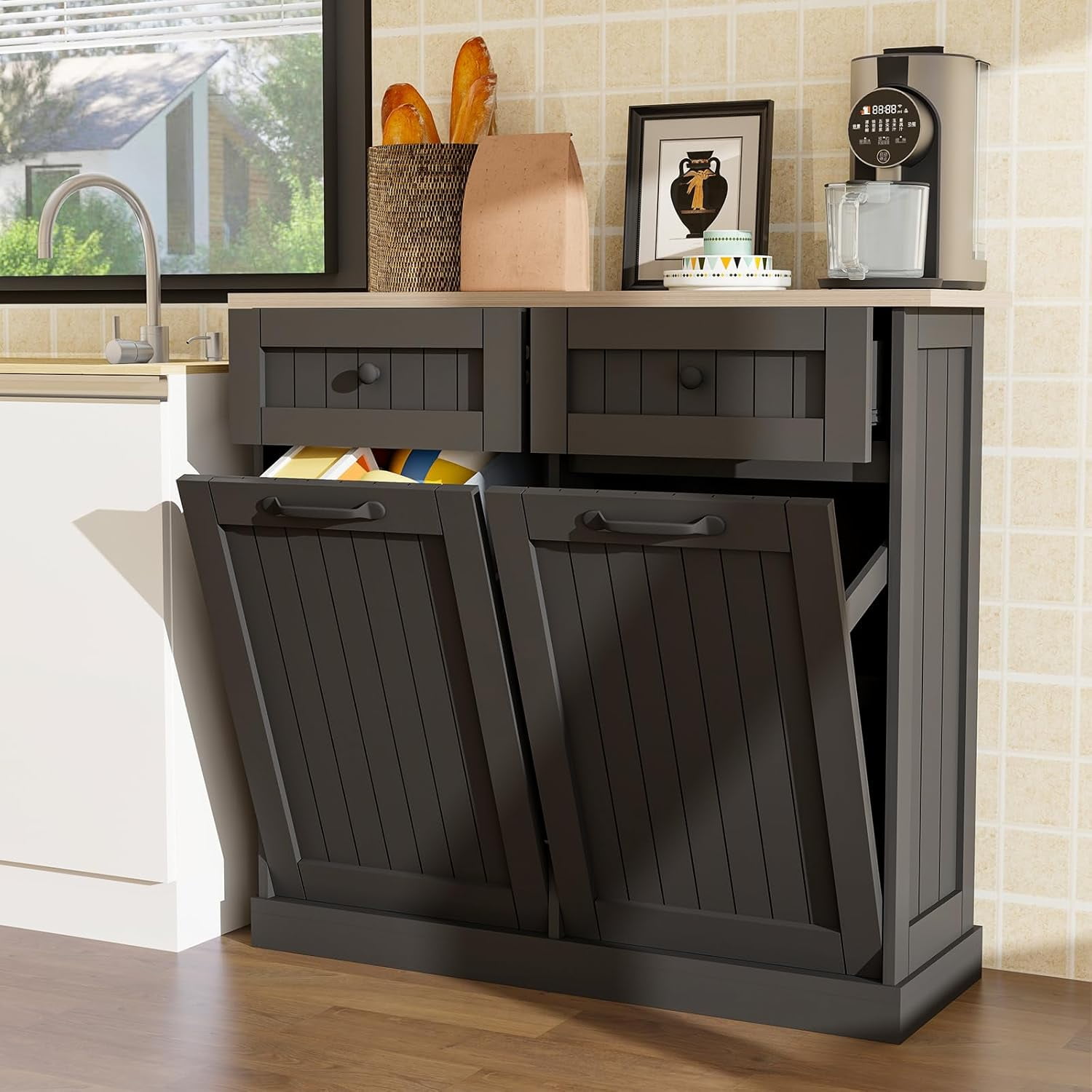 HTK Double Tilt Out Trash Cabinet Waste Bins with Storage Drawers ...