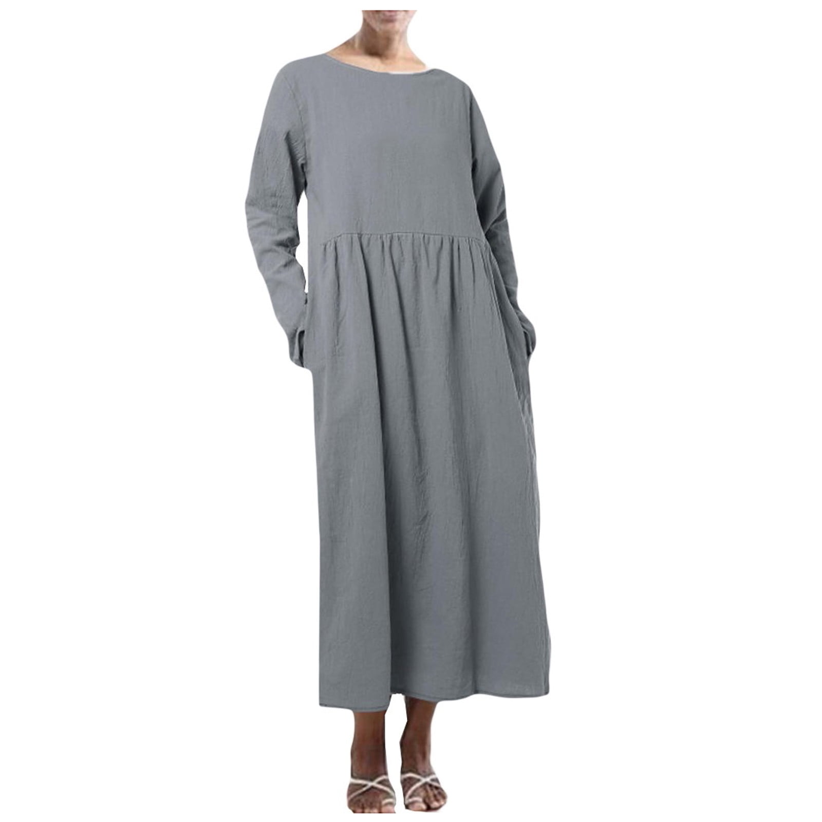 HTNBO Casual Maxi Dresses for Women ’s Solid Long-Sleeveed O-neck Maxi ...