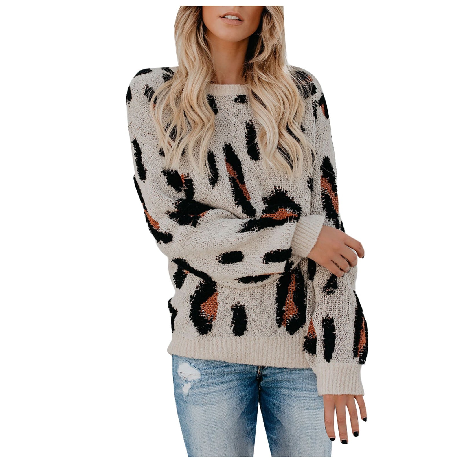 HTNBO Casual Sweater for Women Long Sleeve Leopard Print Crewneck ...