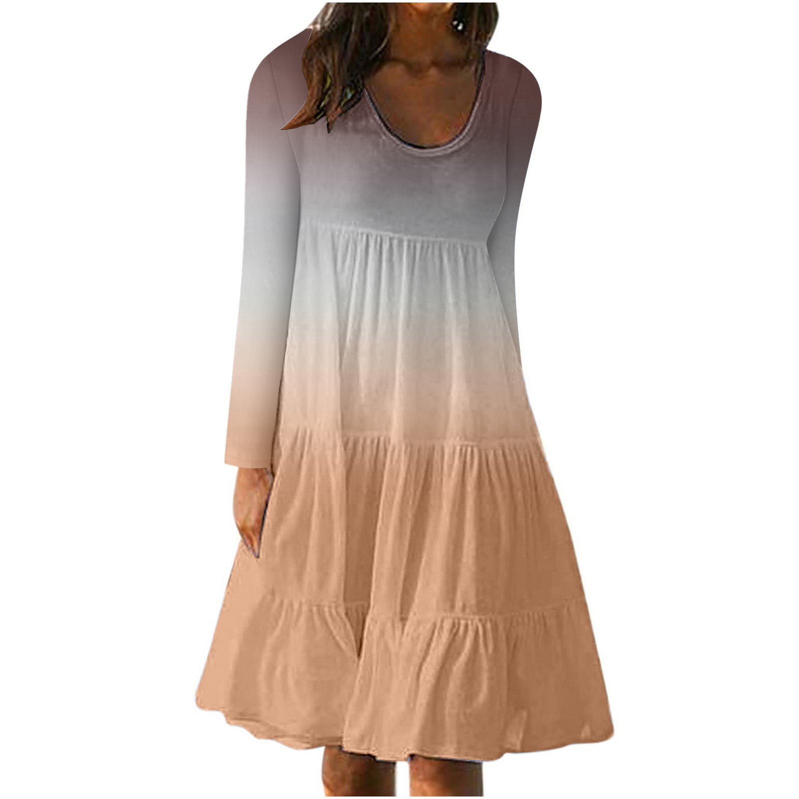 HTNBO Gradient Long Sleeve Loose Dress for Women Smocked Scoop Neck ...