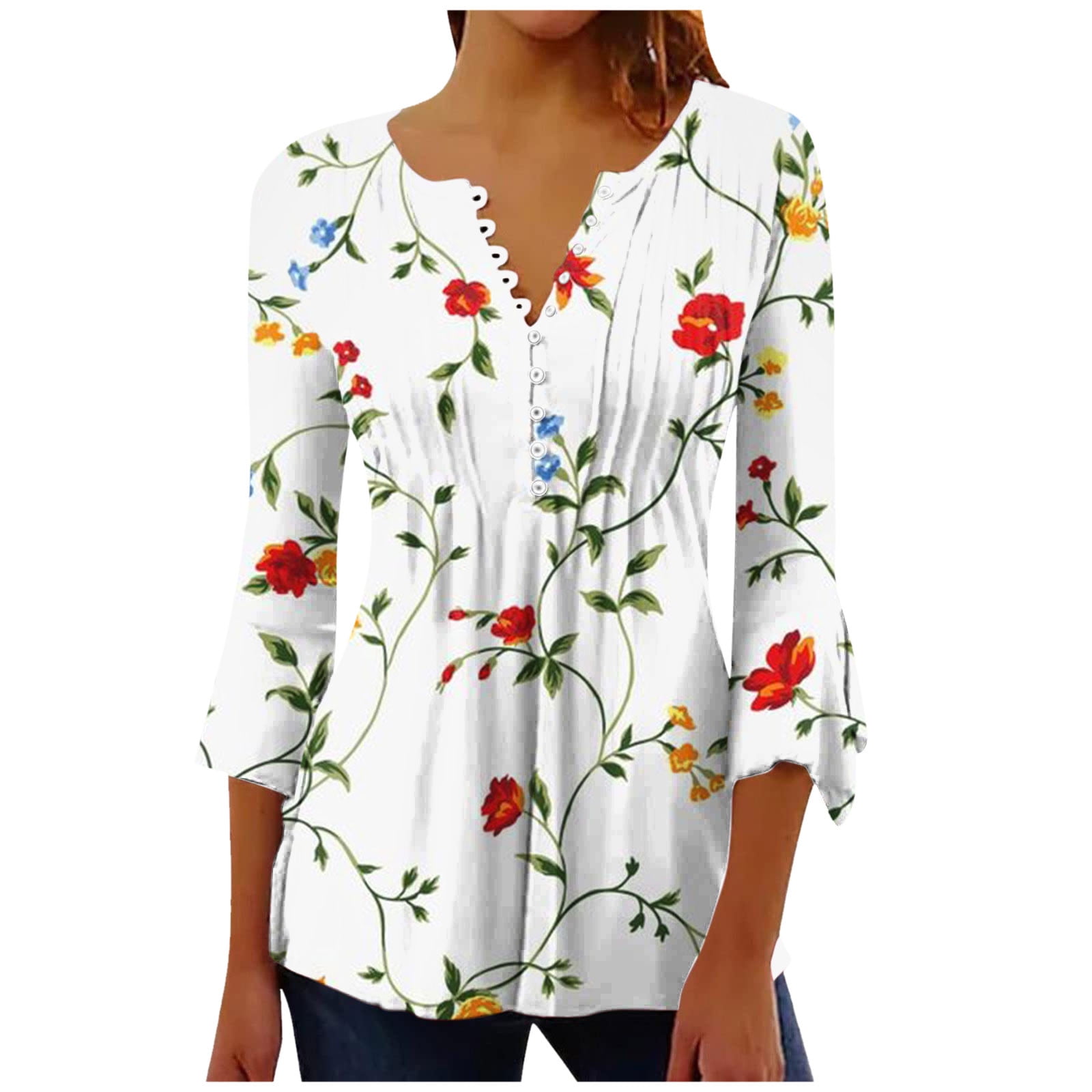 HTNBO Plus Size Fall Winter Shirts V Neck Basic Pleated Floral Print ...