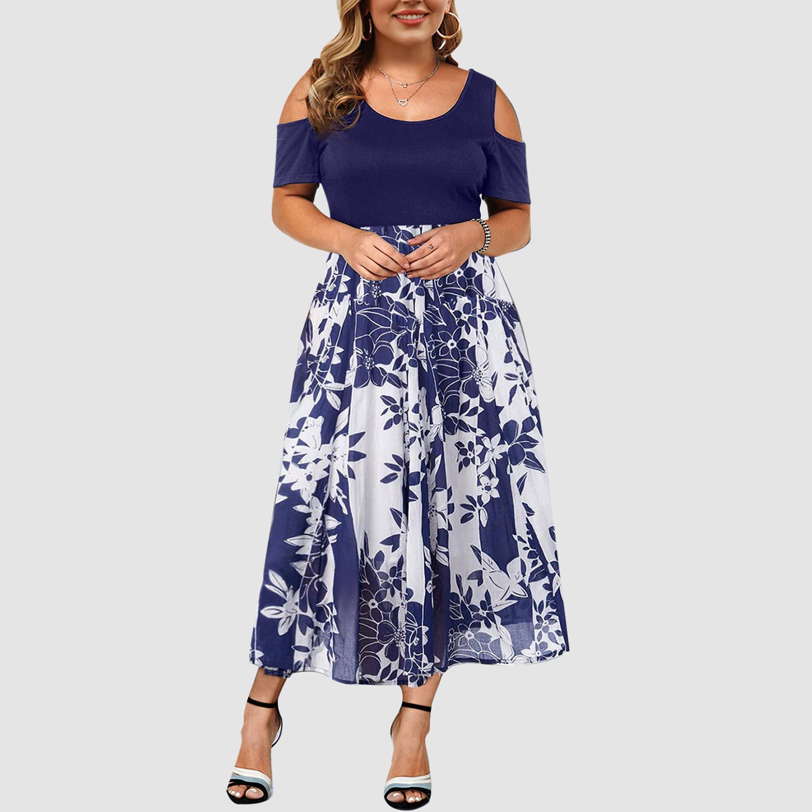 HTNBO Plus Size Floral Flowy Dresses Women,Off the Shoulder Short ...