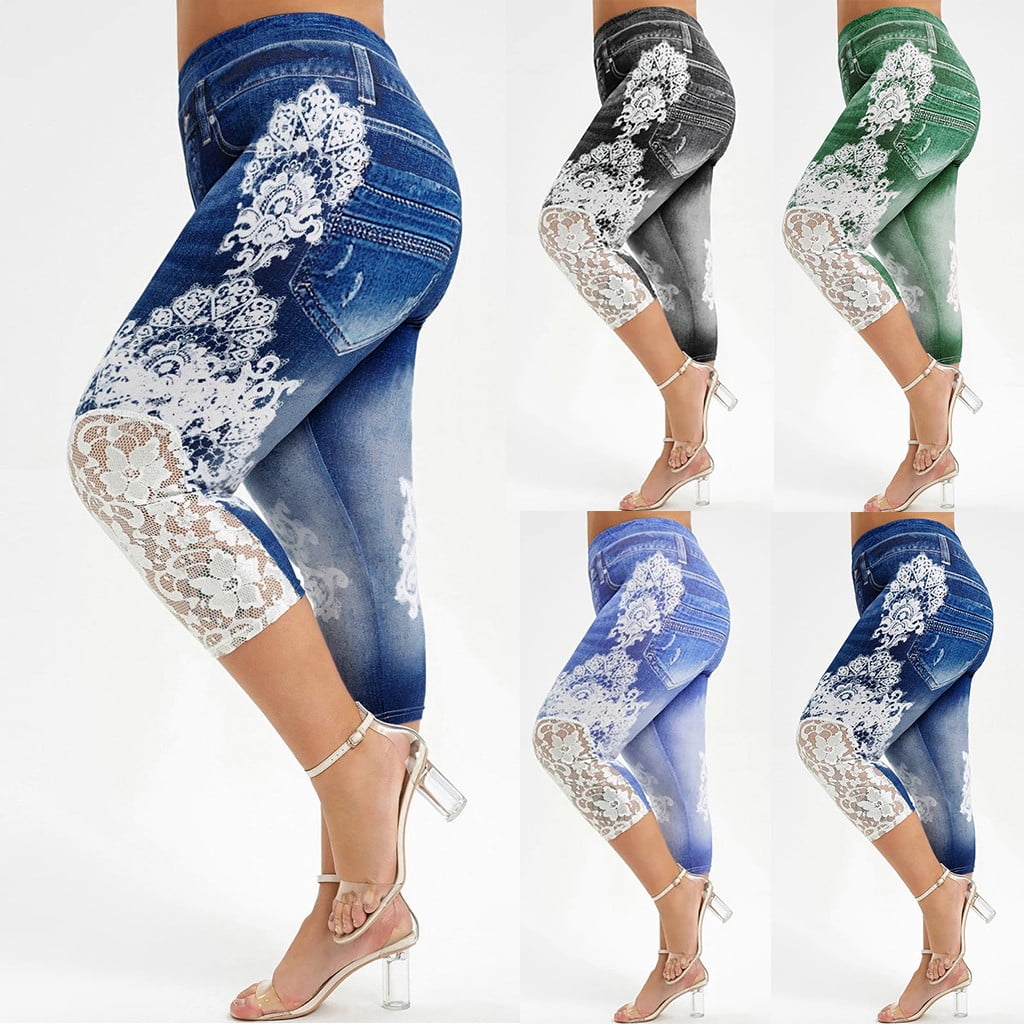 HTNBO Plus Size Women's High Waisted Fake Jeans Casual Lace Splicing ...