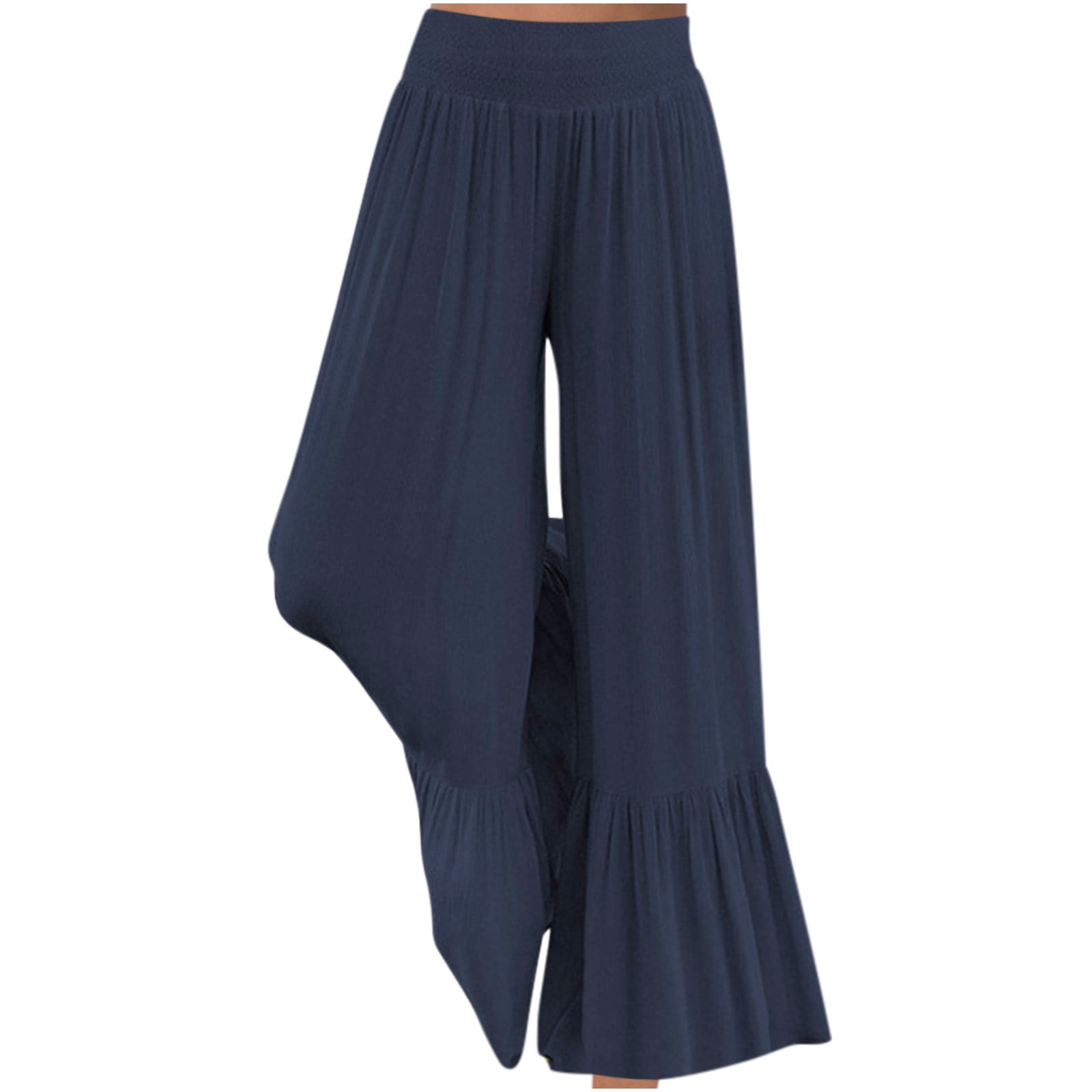 Htnbo Ruffle Flowy Pants Women High Waisted Plus Size Fashion Wide Leg