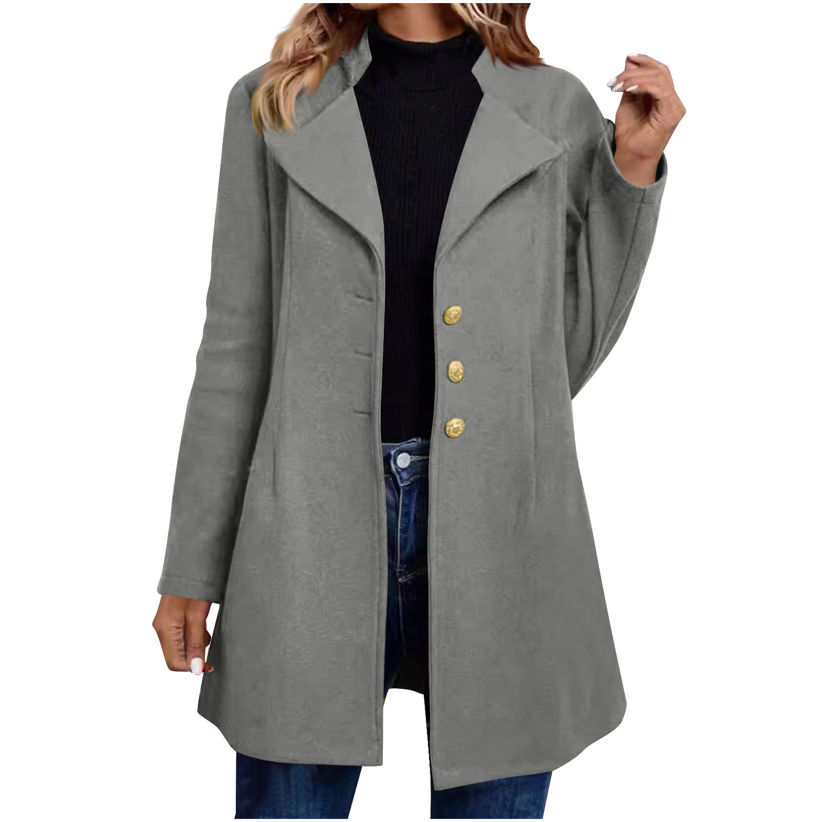 HTNBO Trench Coat Women Fall Winter Notched Lapel Blazers Soild Wool ...