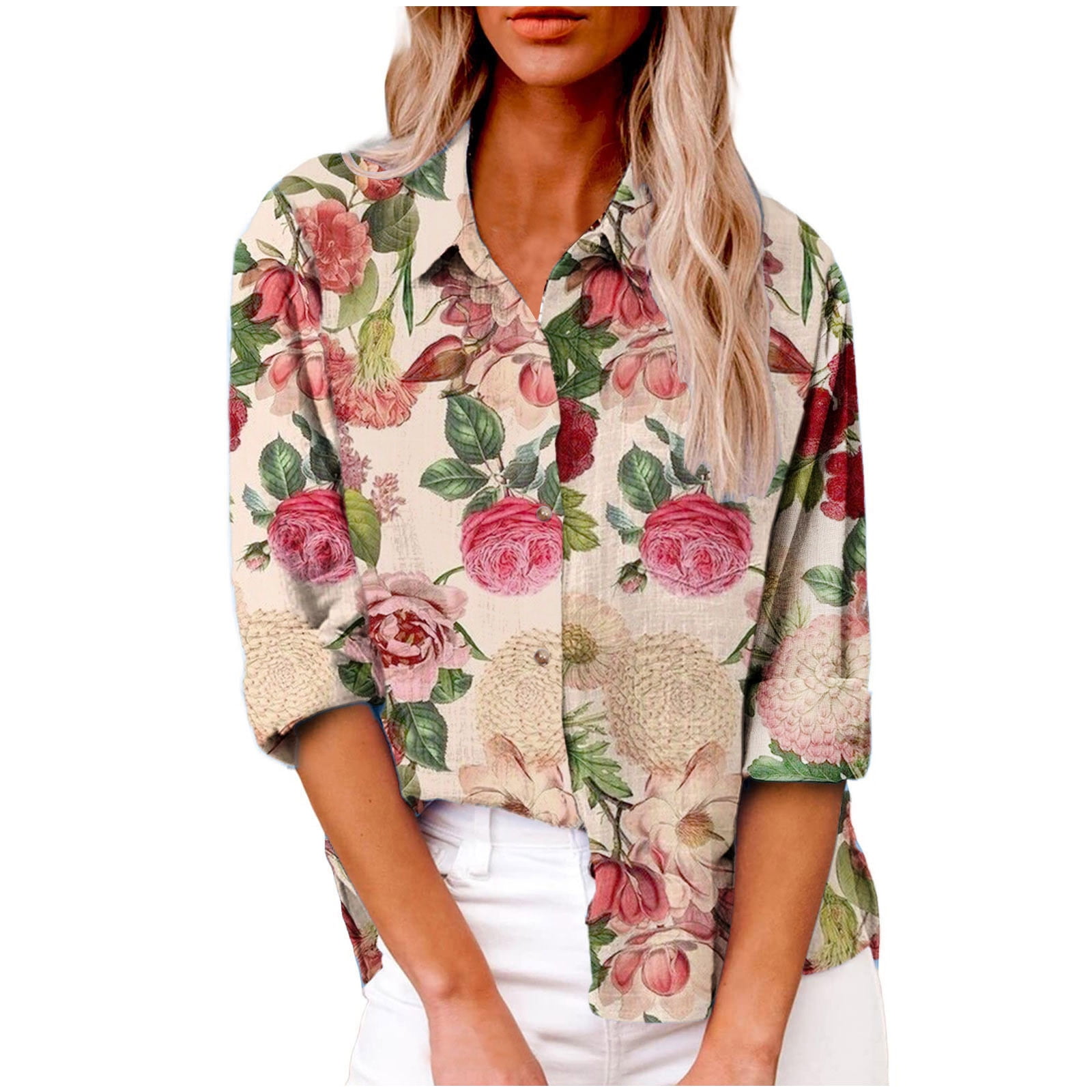 HTNBO Women Button Down Shirts Lapel Floral Printed Long Sleeve Blouse ...
