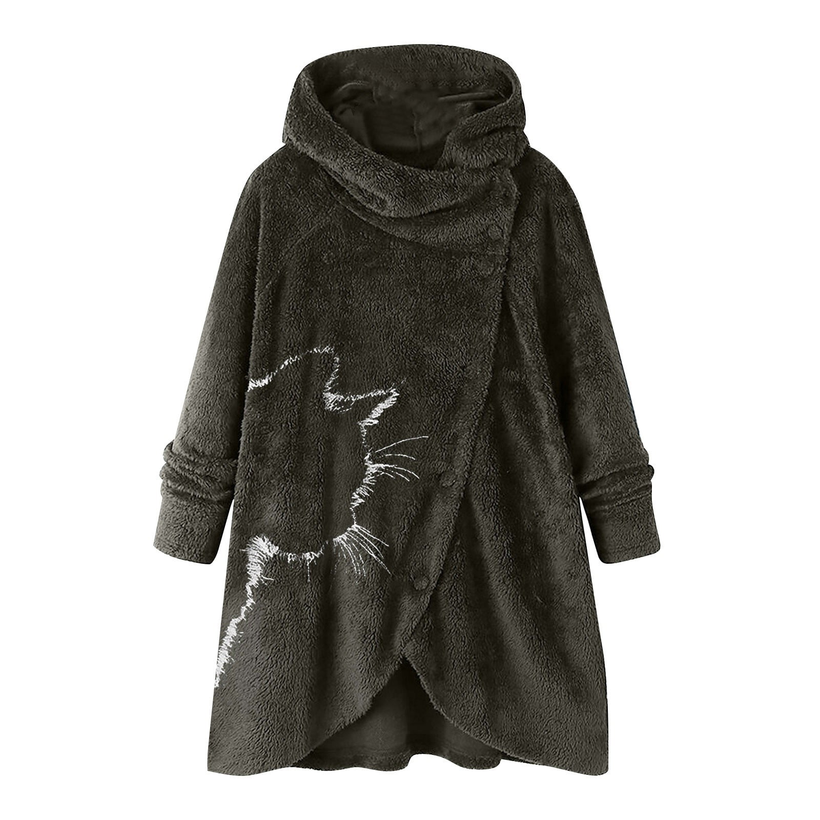 HTNBO Women Cute Cat Printed Button Plush Coats Hooded Loose Fitted ...