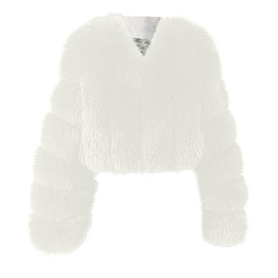 HTNBO Women Fluffy Faux Fur Coat Cropped Jacket Puffer Jacket Zip Up ...