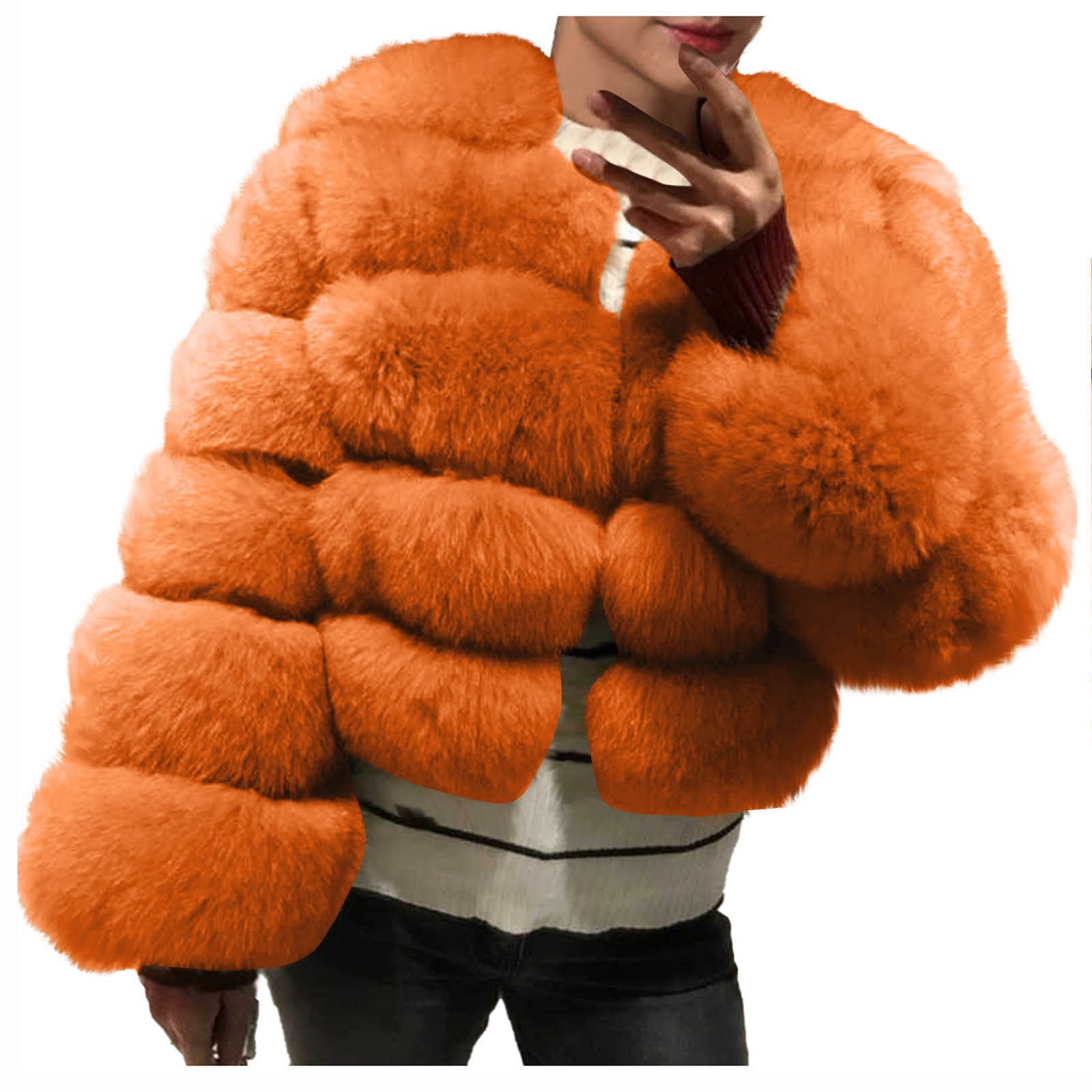 HTNBO Women Fluffy Faux Fur Coat Cropped Jacket Puffer Jacket Zip Up ...