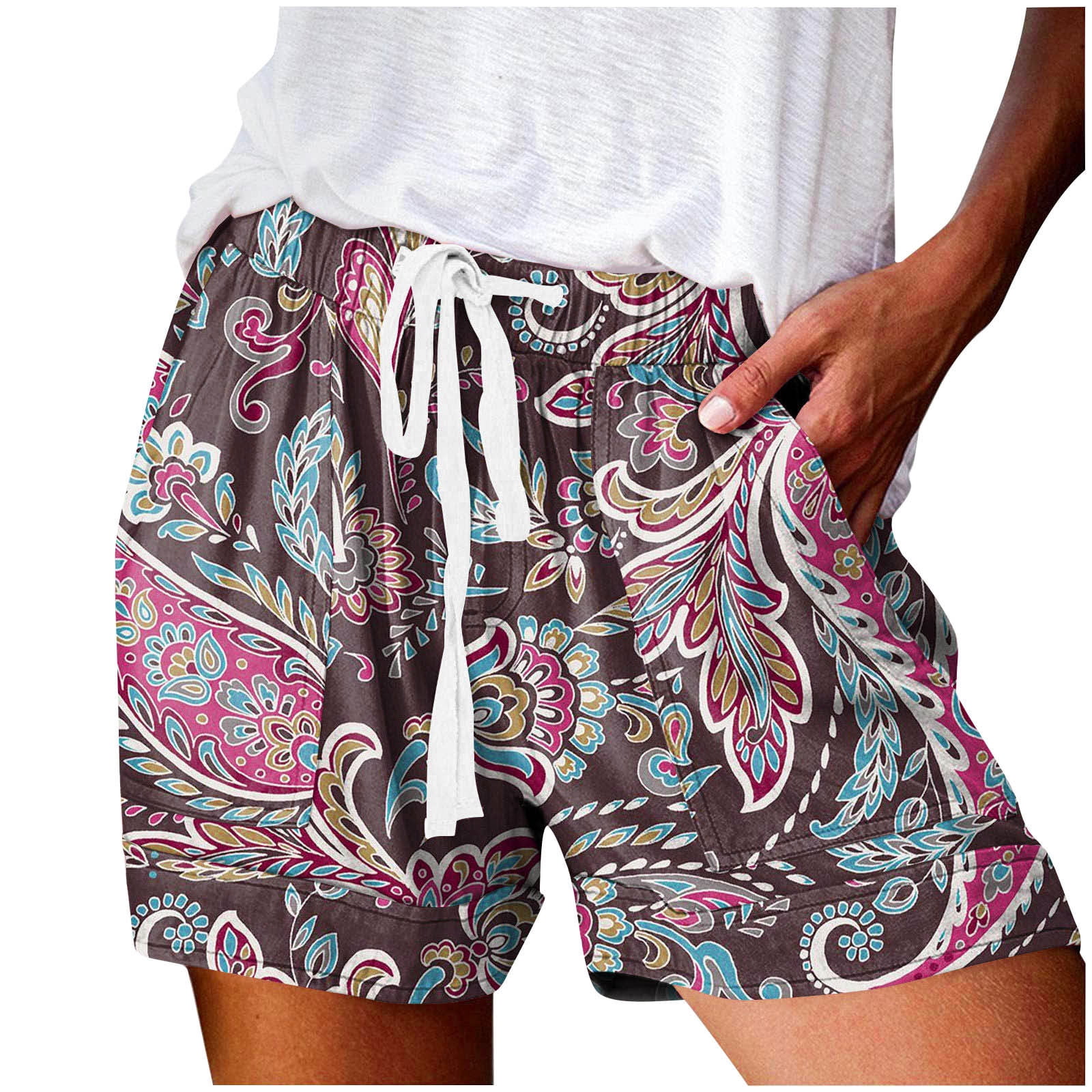 HTNBO Women Graphic Beach Shorts Elastic Waist with Pockets Drawstring ...