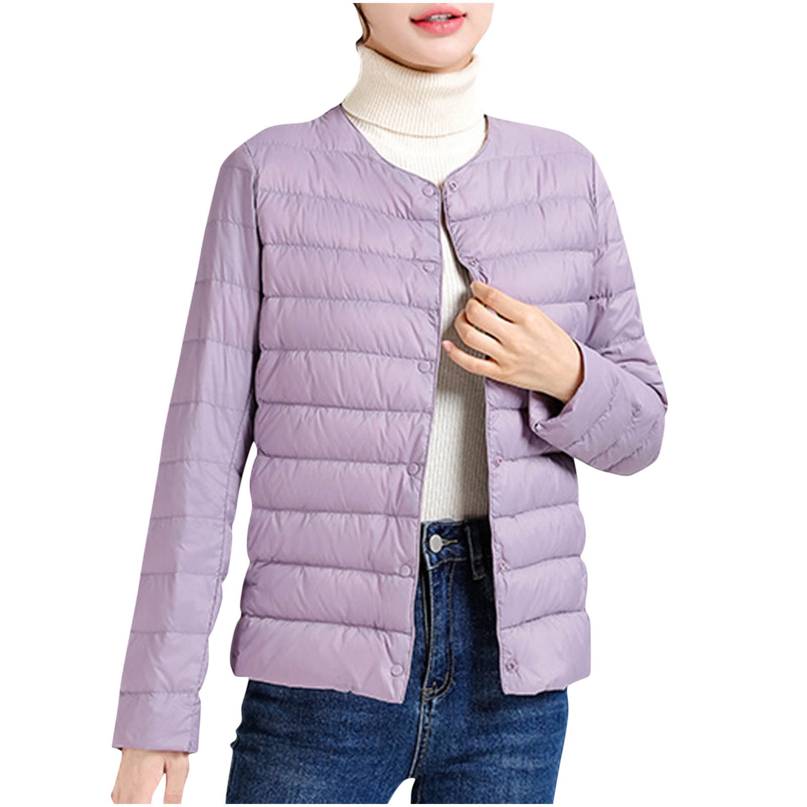 HTNBO Women Lightweight Down Jacket Packable Collarless Button Down ...