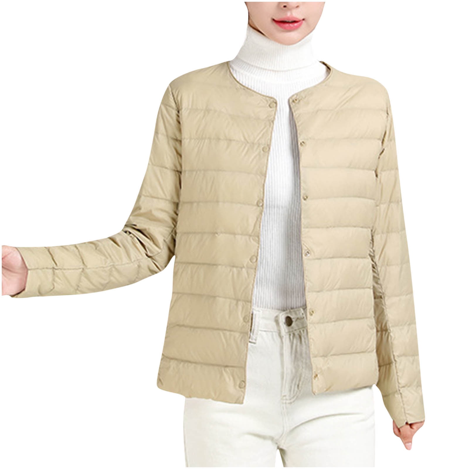 HTNBO Women Lightweight Down Jacket Packable Collarless Button Down ...