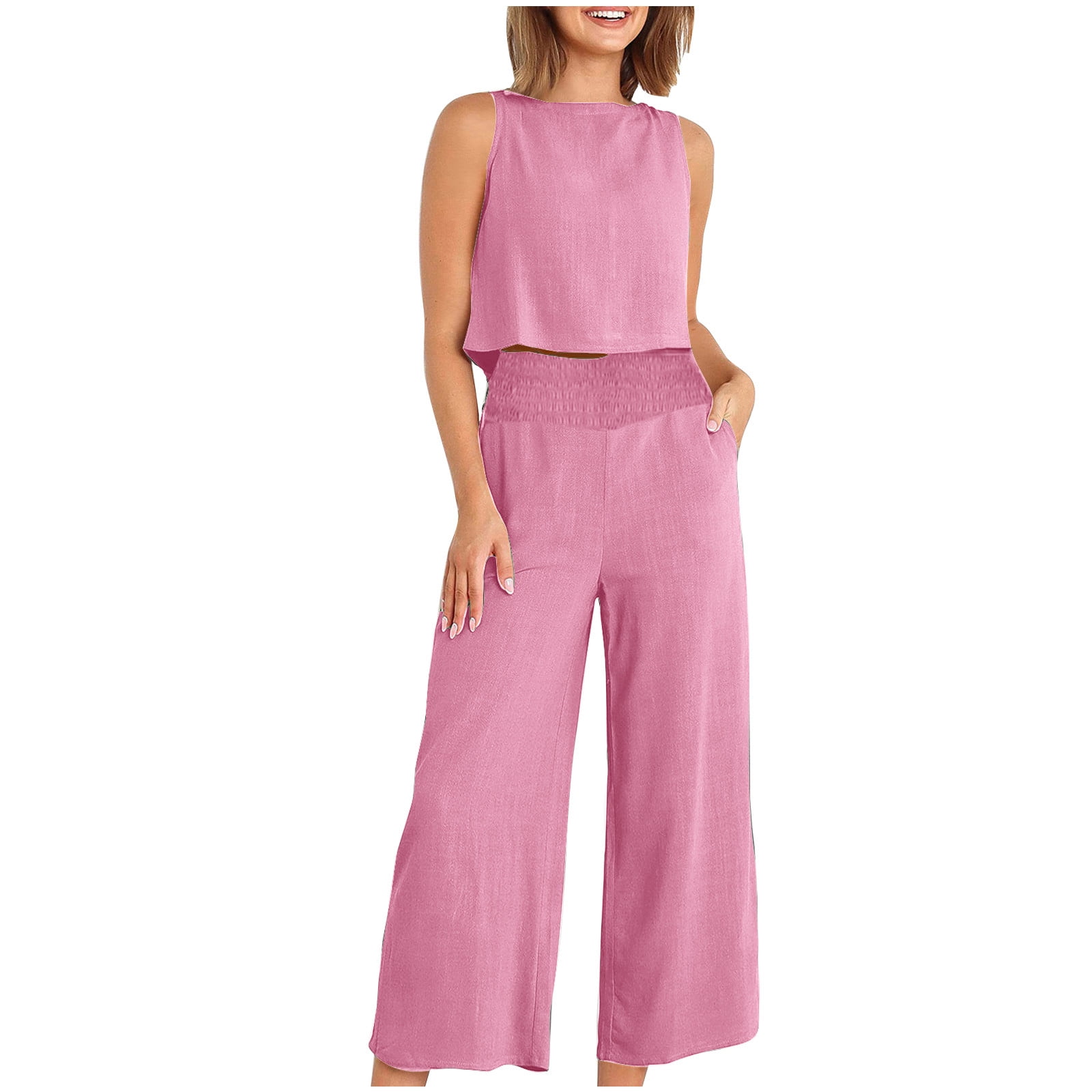 HTNBO Women's 2 Piece Cotton Linen Pants Sets - Casual Cute Tank Tops ...