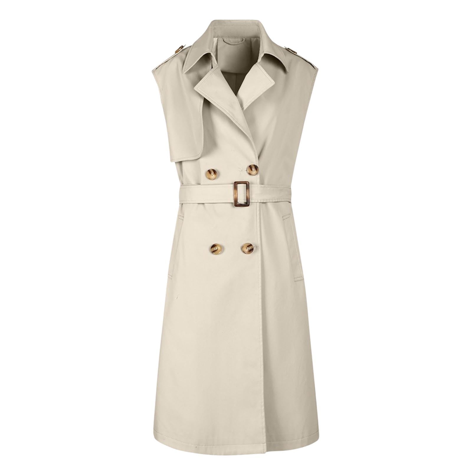 HTNBO Women's Chic Sleeveless Long Trench Coats Classic Lapel Double ...