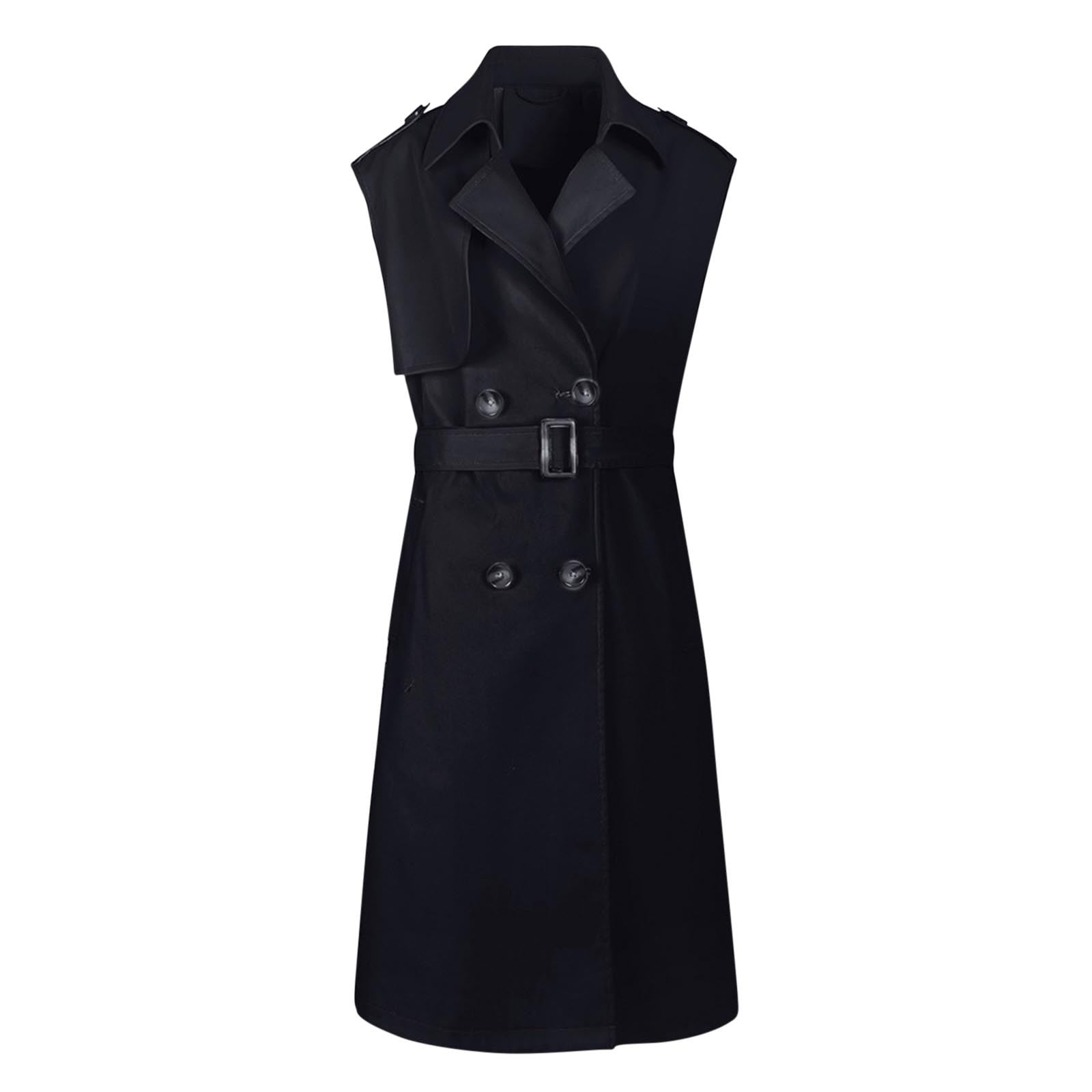 HTNBO Women's Chic Sleeveless Long Trench Coats Classic Lapel Double ...