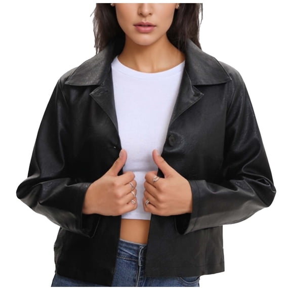 HTNBO Women's Crop Faux Leather Jacket Vintage Long Sleeve Collar Zip ...