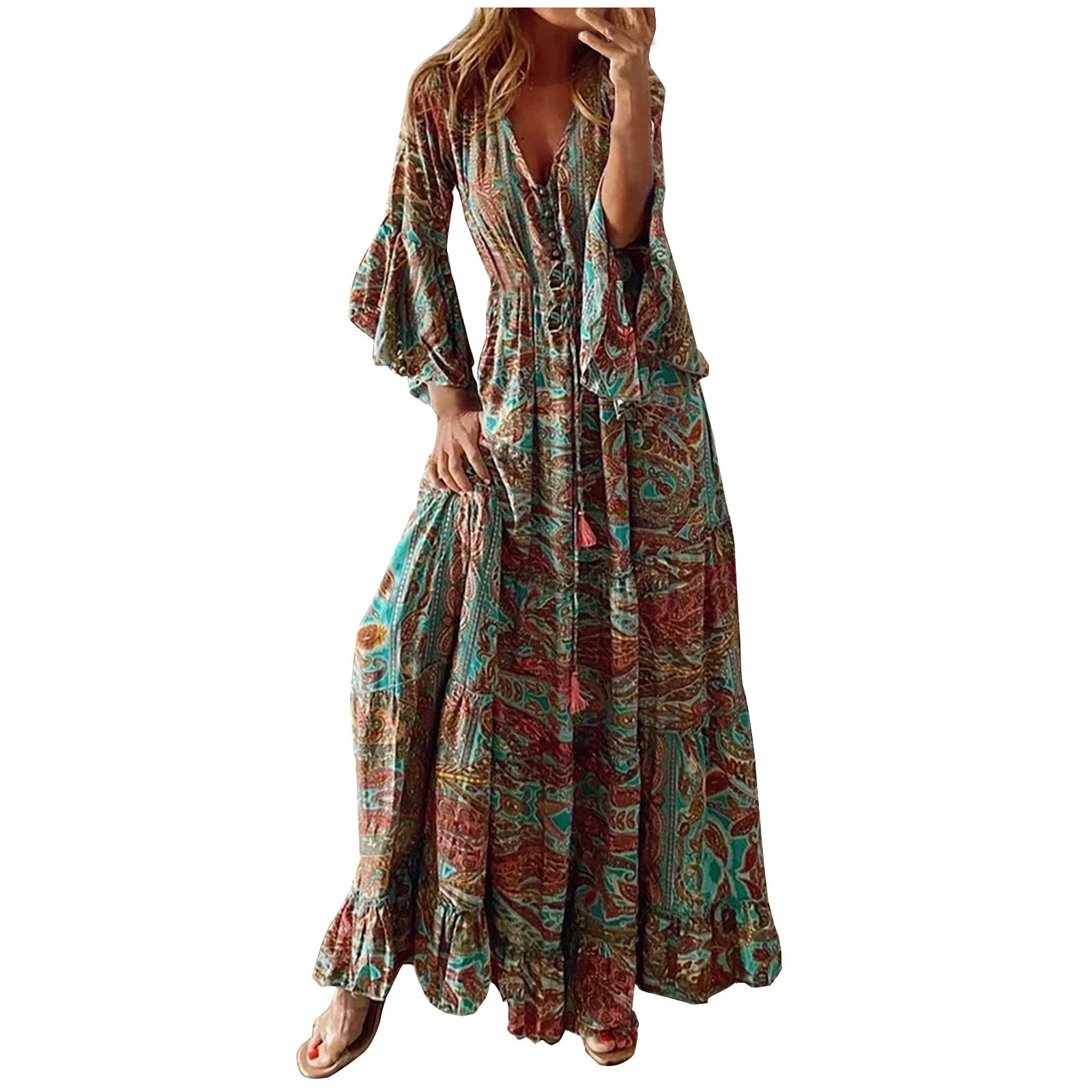 HTNBO Women's Fall Boho Dresses 3/4 Sleeve V Neck Empire Waist Bohemian ...