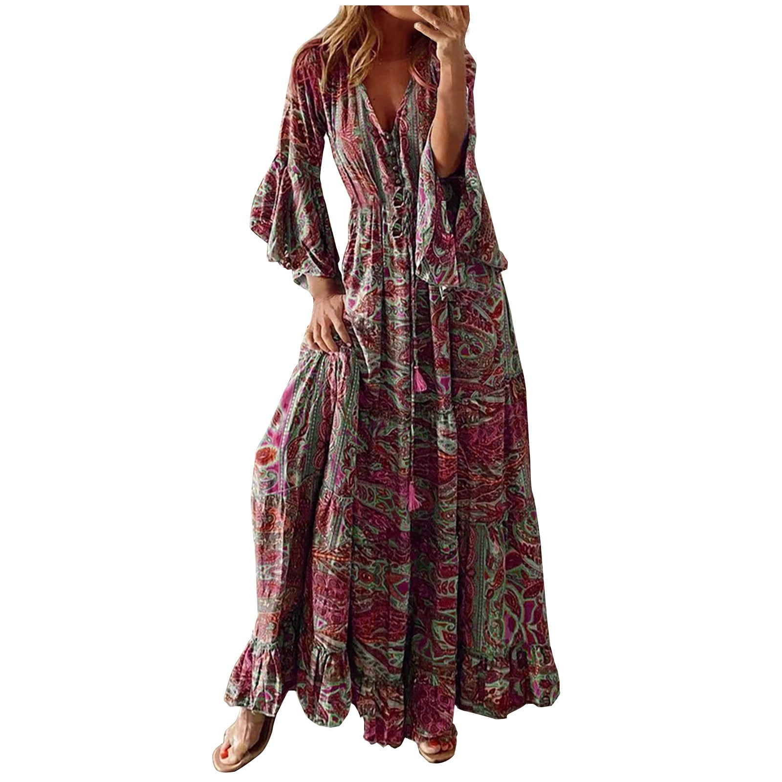 HTNBO Women's Fall Boho Dresses 3/4 Sleeve V Neck Empire Waist Bohemian ...