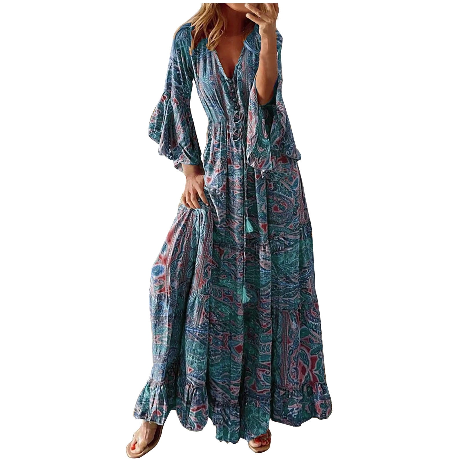 HTNBO Women's Fall Boho Dresses 3/4 Sleeve V Neck Empire Waist Bohemian ...