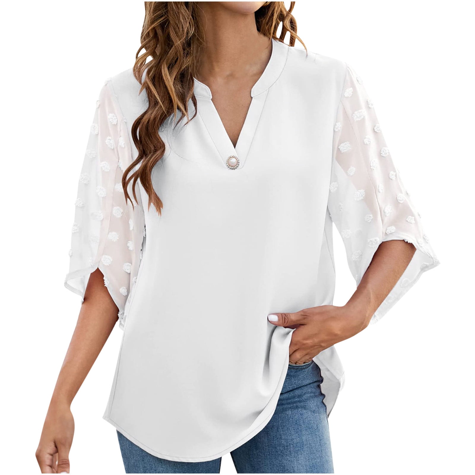 HTNBO Women's Half Sleeve Going out Flowy Tops V-Neck Loose Fitted ...