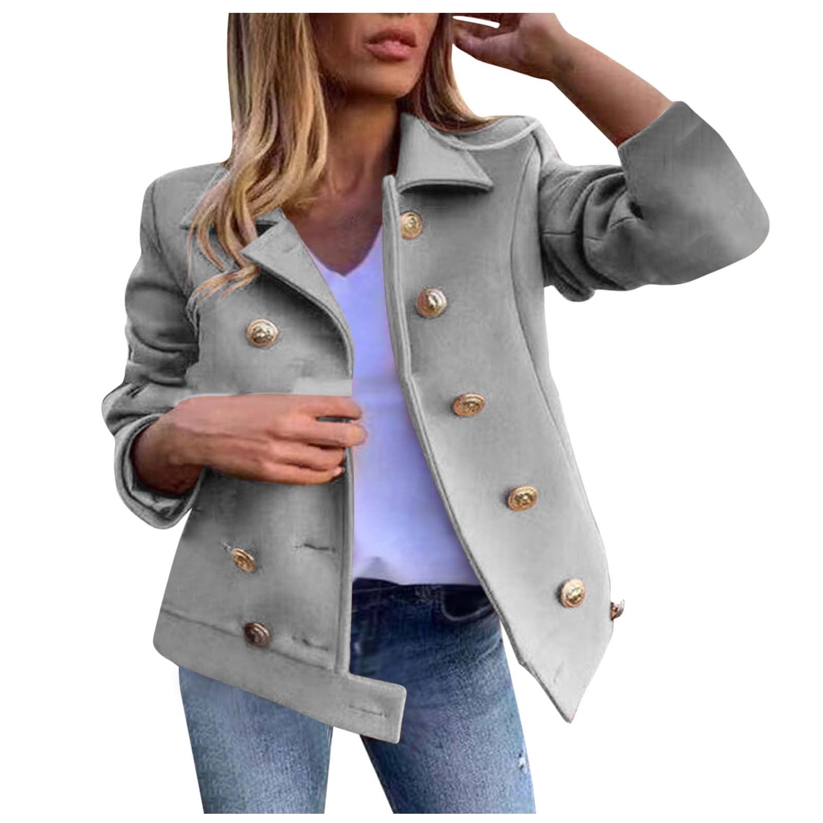 HTNBO Women's Loose Cropped Jackets Long Sleeve Solld Turn-Down Collar ...
