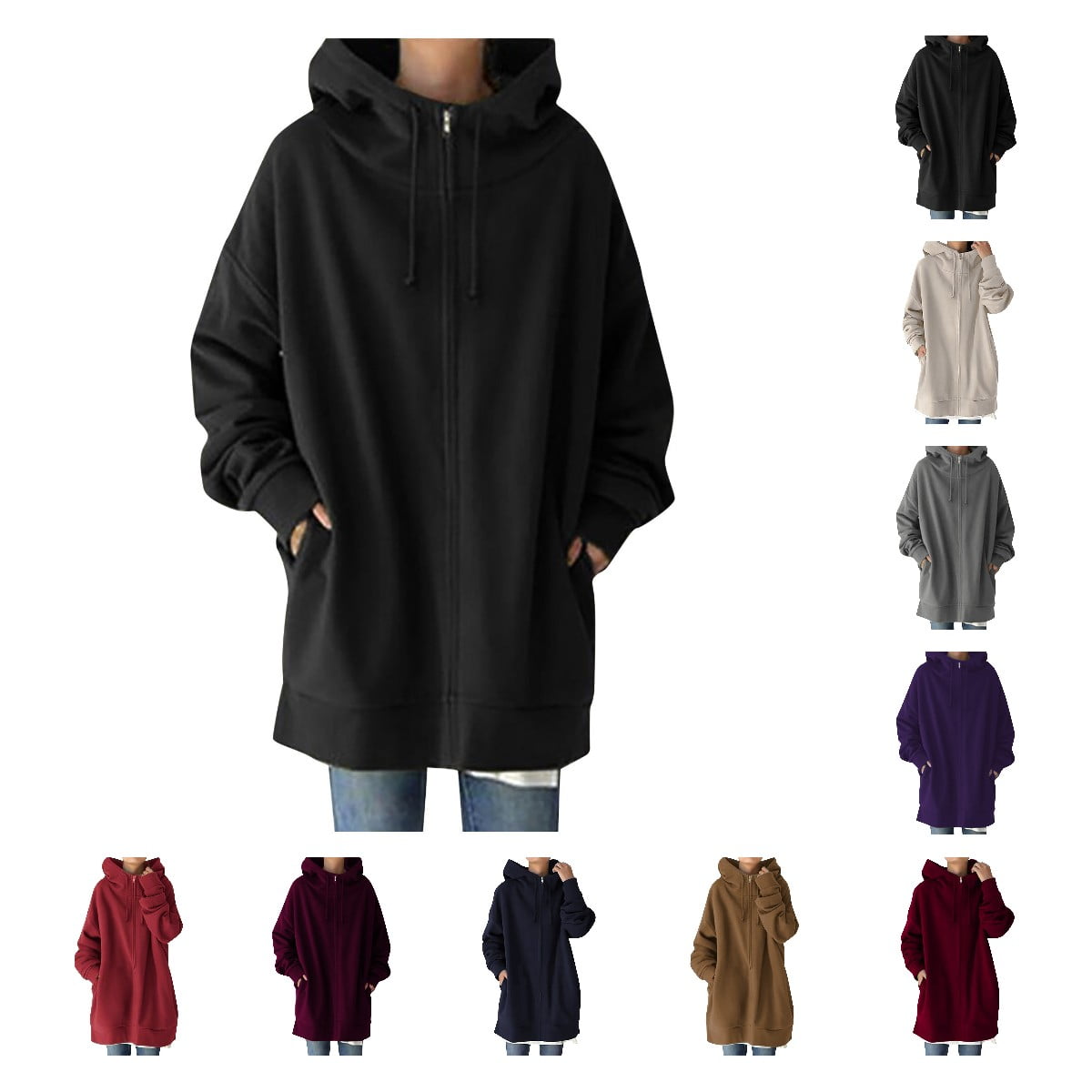 HTNBO Womens Zip Up Hoodies Long Sleeve Fall Hooded Lightweight Tunic ...