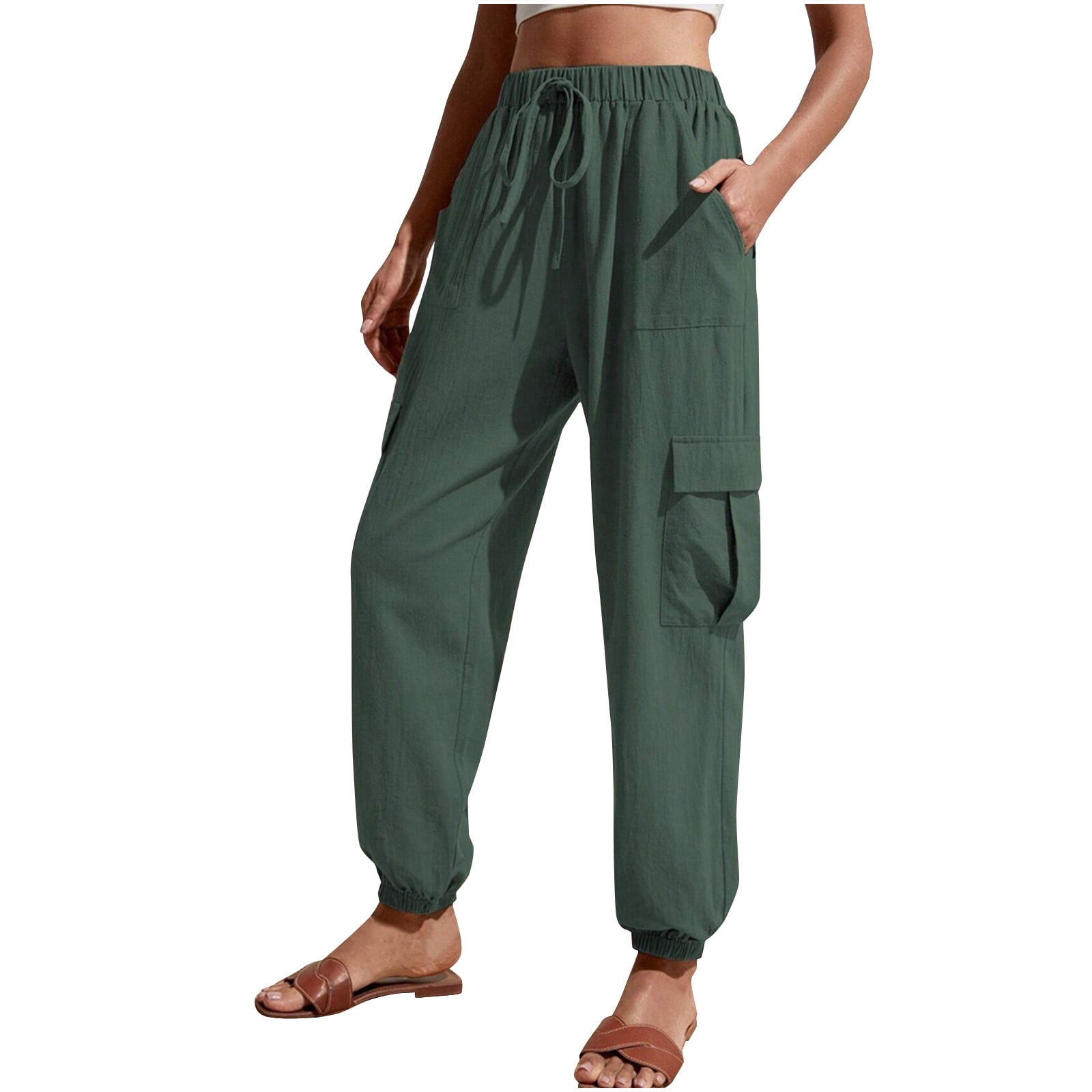 HTNBO Women's Wide Leg Beach Pants Loose High Waisted Tie Knot Cargo ...