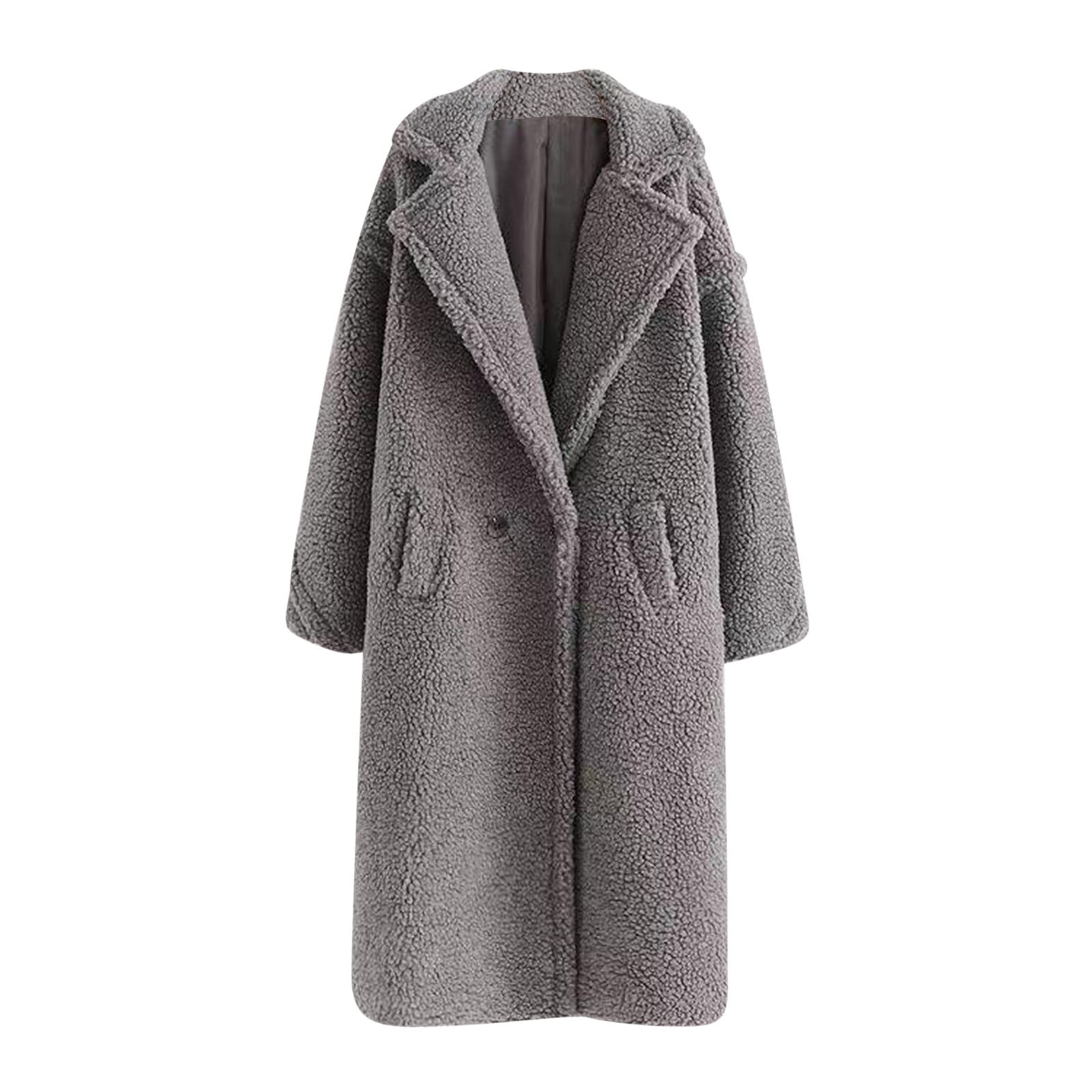 HTNBO Women's Winter Coat Notched Collar Shaggy Fluffy Long Jacket Warm ...