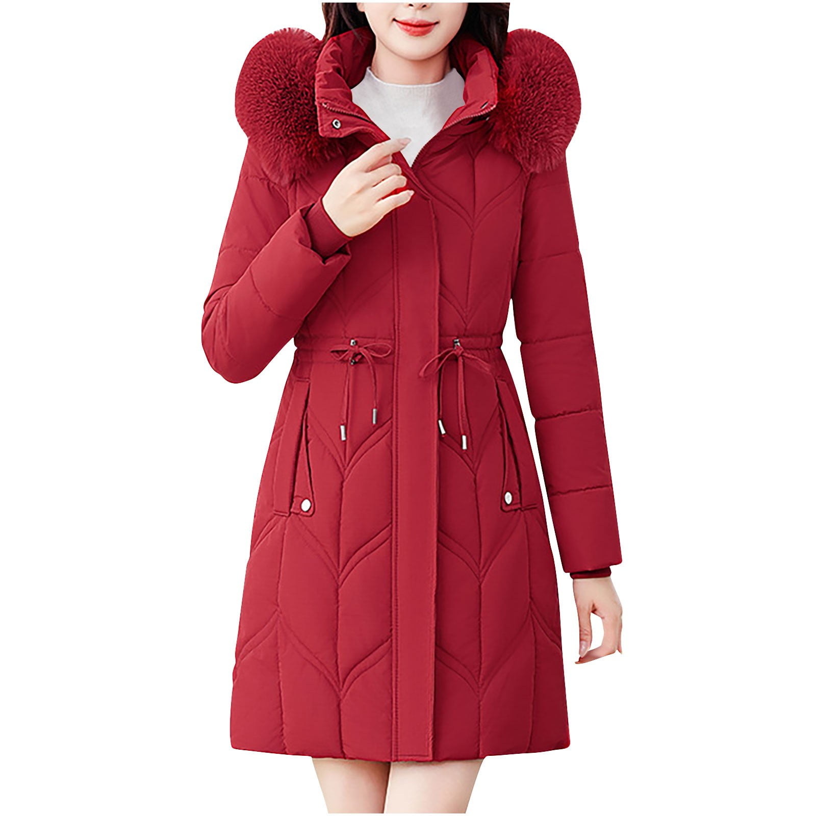 HTNBO Women's Winter Faux Fur Collar Coat Solid Color Loose Hooded Long ...