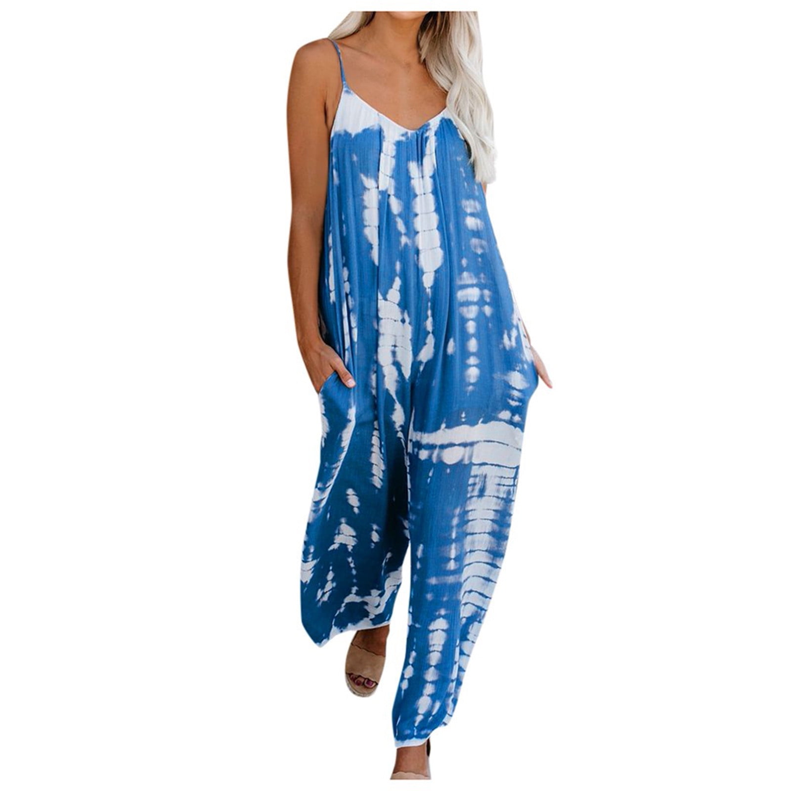 HTNBO Womens Beach Vacation Tie Dye Wide Leg Jumpsuit Blue S - Walmart.com