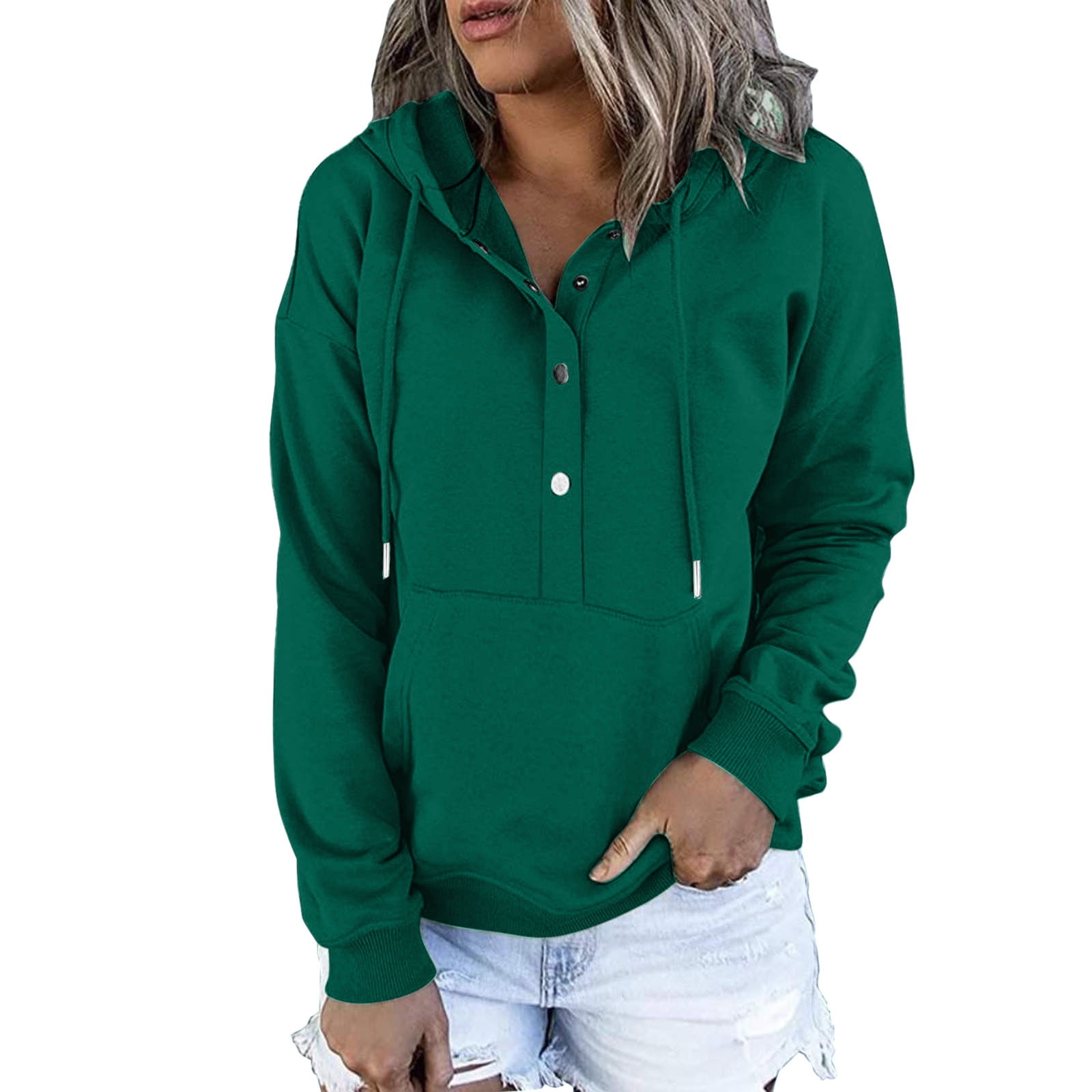 HTNBO Womens Hooded Button Collar Drawstring Hoodies Solid Pullover ...