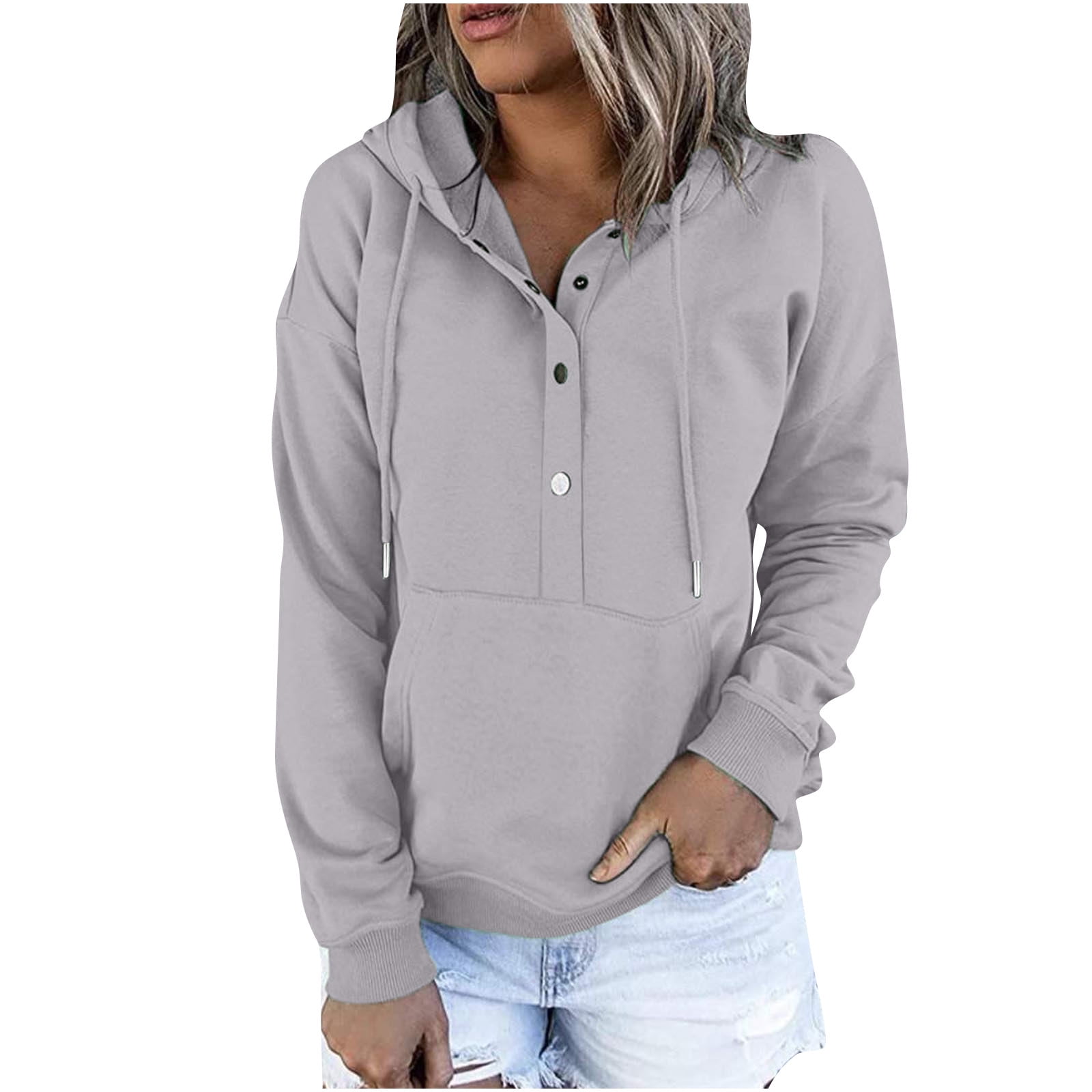 HTNBO Womens Hooded Button Collar Drawstring Hoodies Solid Pullover ...
