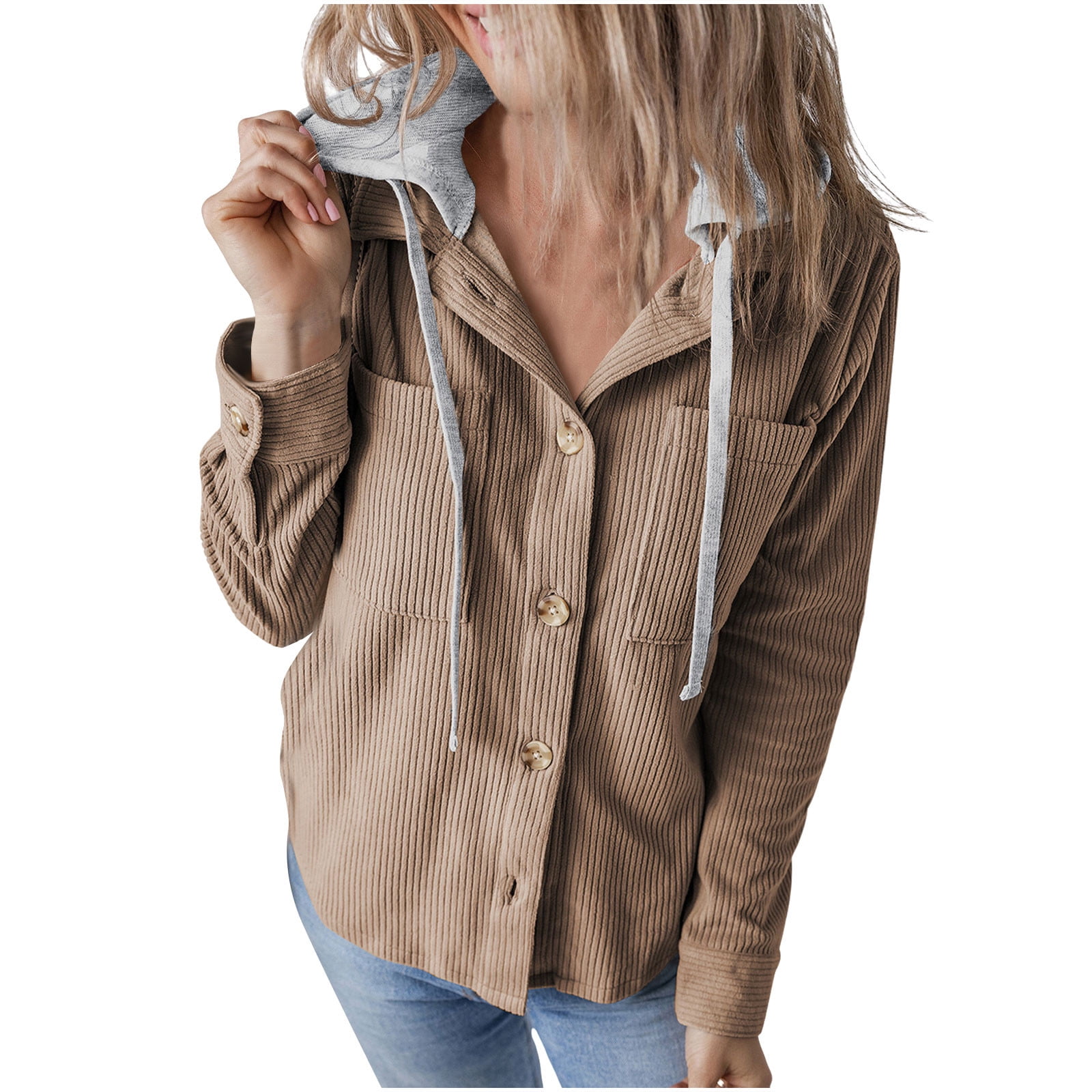 HTNBO Womens Long Sleeve Button Down Corduroy Shacket Jacket Casual ...