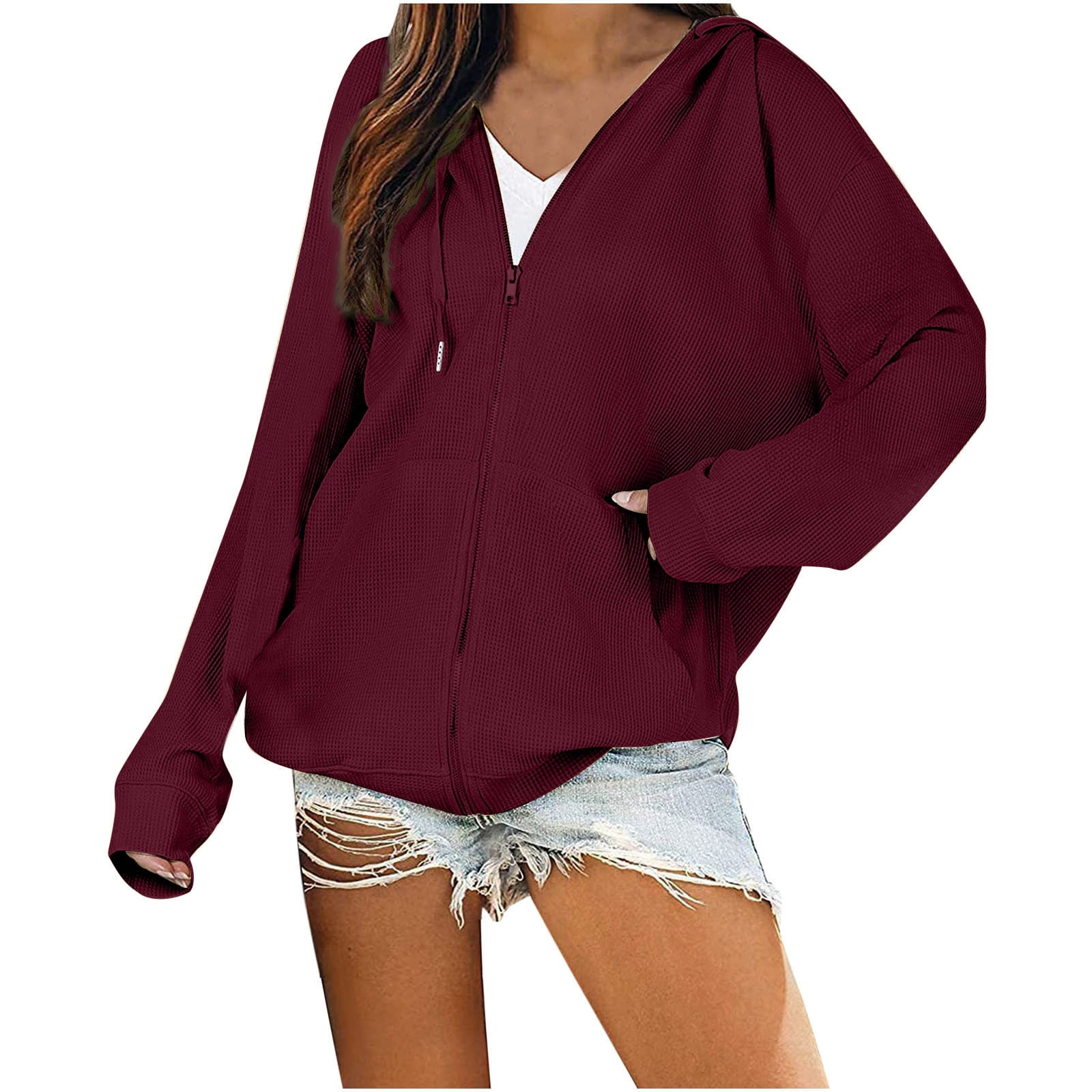 HTNBO Womens Oversized Zip Up Hoodie Jacket Baggy Loose Basic Zipper ...