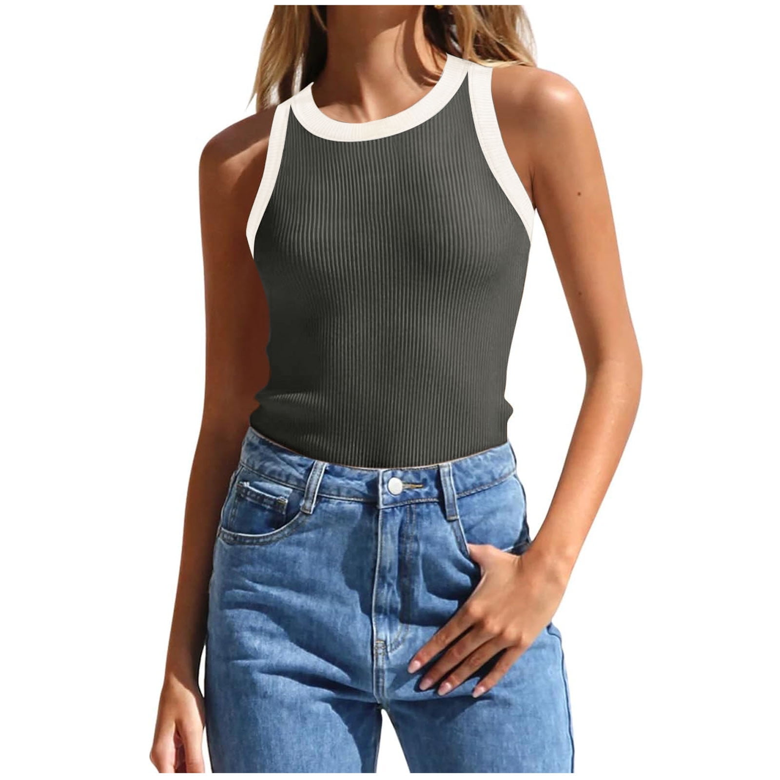 HTNBO Womens Ribbed Tank Tops - Summer Sleeveless Crew Neck Shirts ...