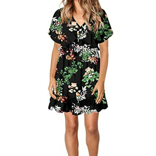 HTNBO Womens Ruffle Flowy Dresses Above Knee Short Sleeve Loose Smocked ...