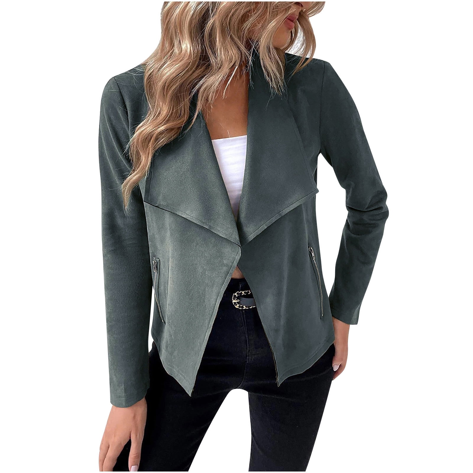 HTNBO Womens Suede Casual Jacket Open Front Short Cardigan Long Sleeve ...
