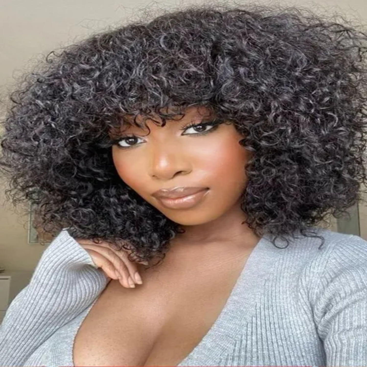 Htpeixt Jerry Curly Short Pixie Bob Cut Human Hair Wigs With Bangs Remy