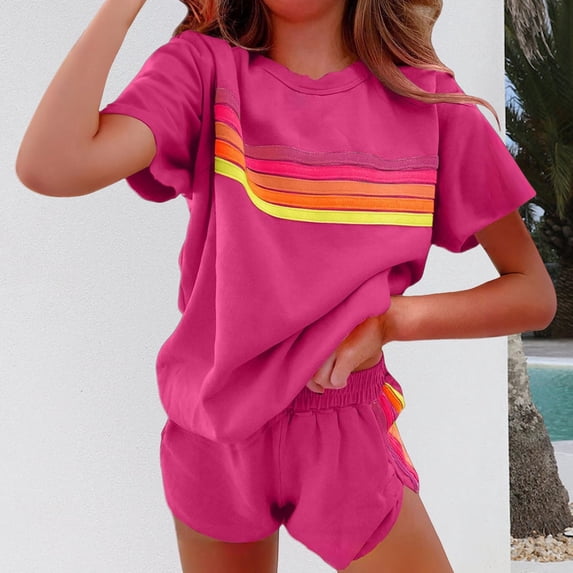HTQWLP 2-Piece Lounge Sets for Women, Rainbow Striped Outfits Casual ...
