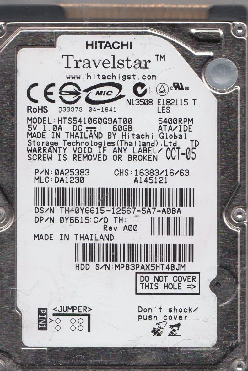 HTS541060G9AT00, PN 0A25383, MLC DA1230, Hitachi 60GB IDE 2.5 Hard ...
