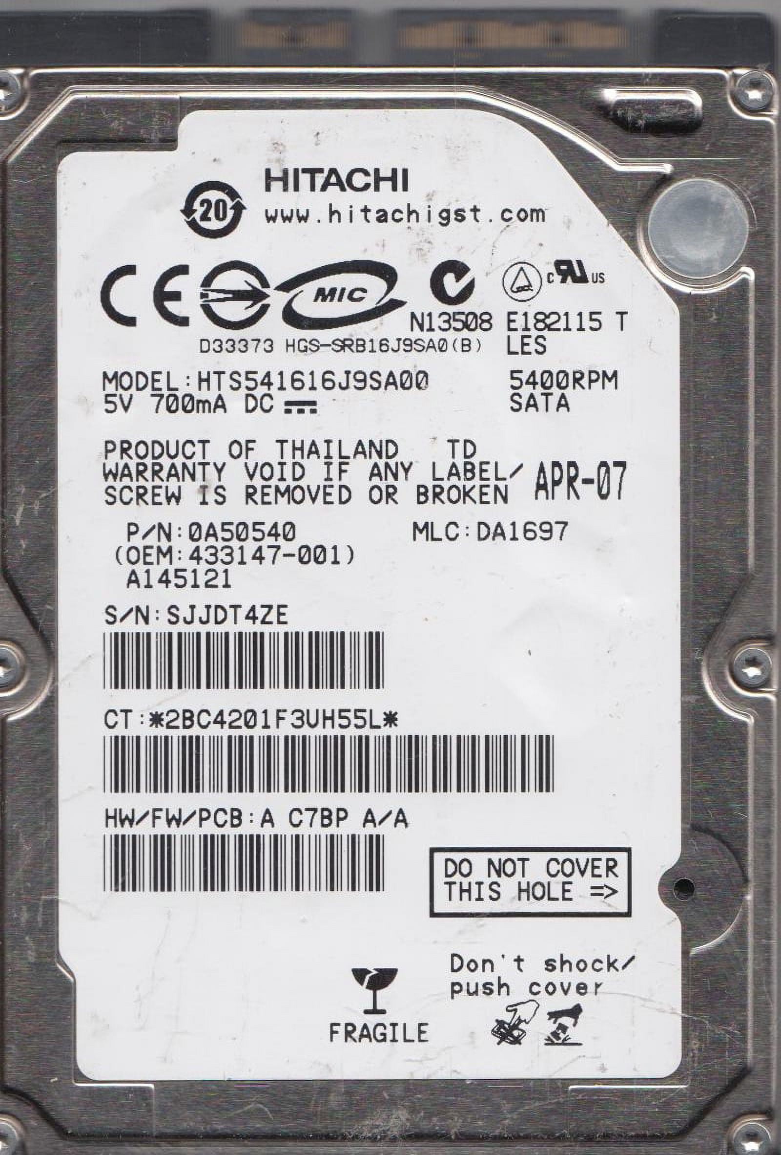 HTS541616J9SA00, PN 0A50540, MLC DA1697, Hitachi 160GB SATA 2.5 Hard ...