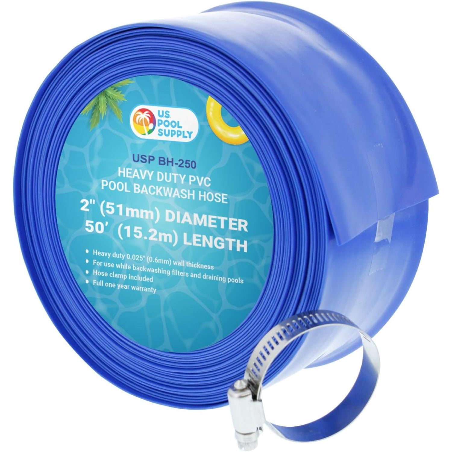 HTYSUPPLY 2" x 50' Heavy Duty Blue PVC Swimming Pool Backwash Hose with ...