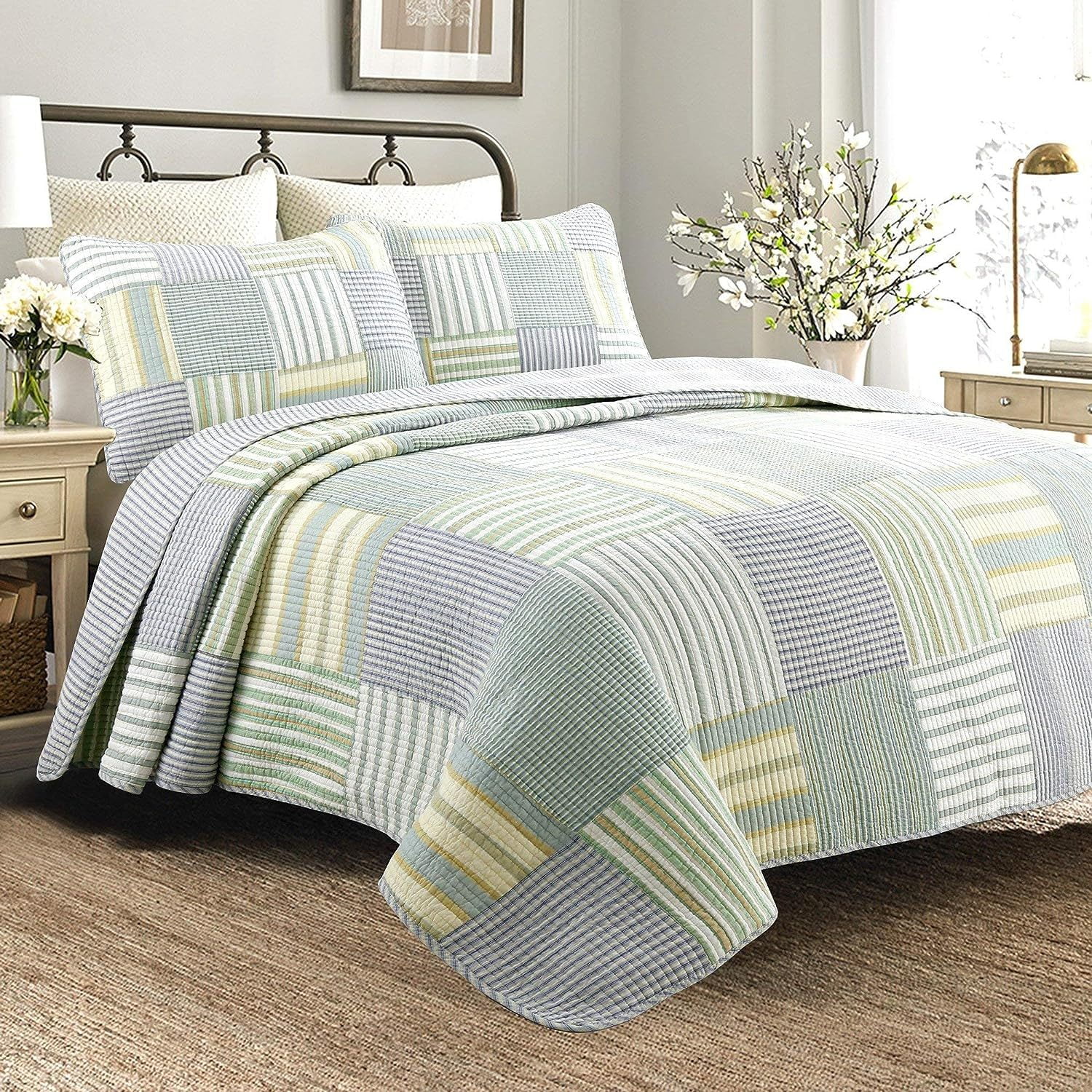 HTYSUPPLY 3 Piece Green Blue Patchwork Themed Full Queen Quilt Set ...