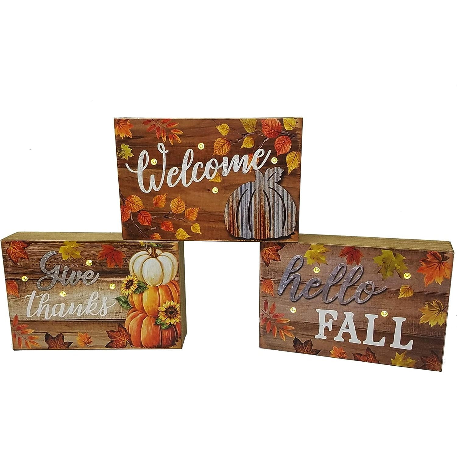 HTYSUPPLY LED Lighted Fall Wooden Block Plaques with Auto Timer, Set of ...