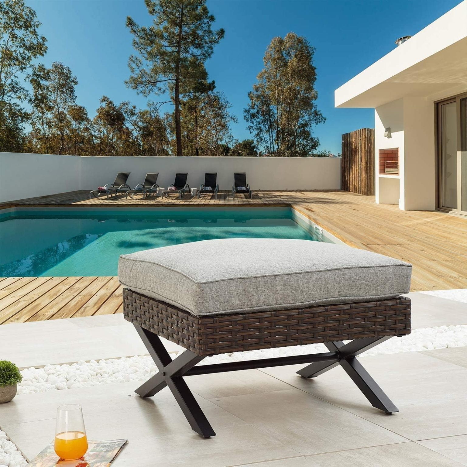 HTYSUPPLY Patio Wicker Ottoman Outdoor Bistro Furniture X-Shaped All-Weather Slatted Steel Leg ...