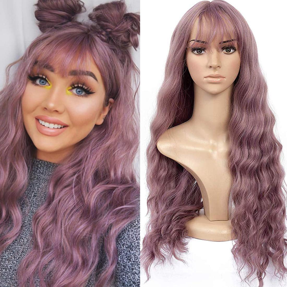 HUA MIAN LI Long Wavy Wig With Air Bangs Heat Resistant Synthetic Wig ...