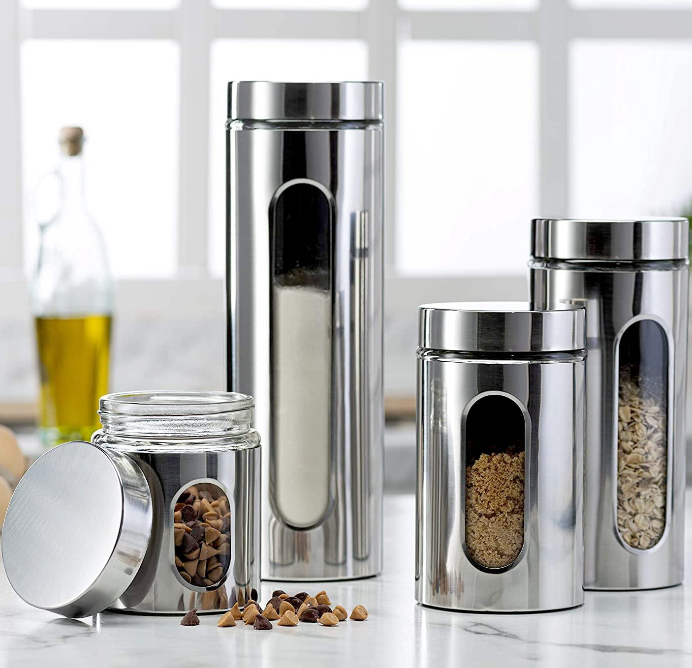 HUA Quality 4pc Stainless Steel Canister Set for Kitchen Counter with ...