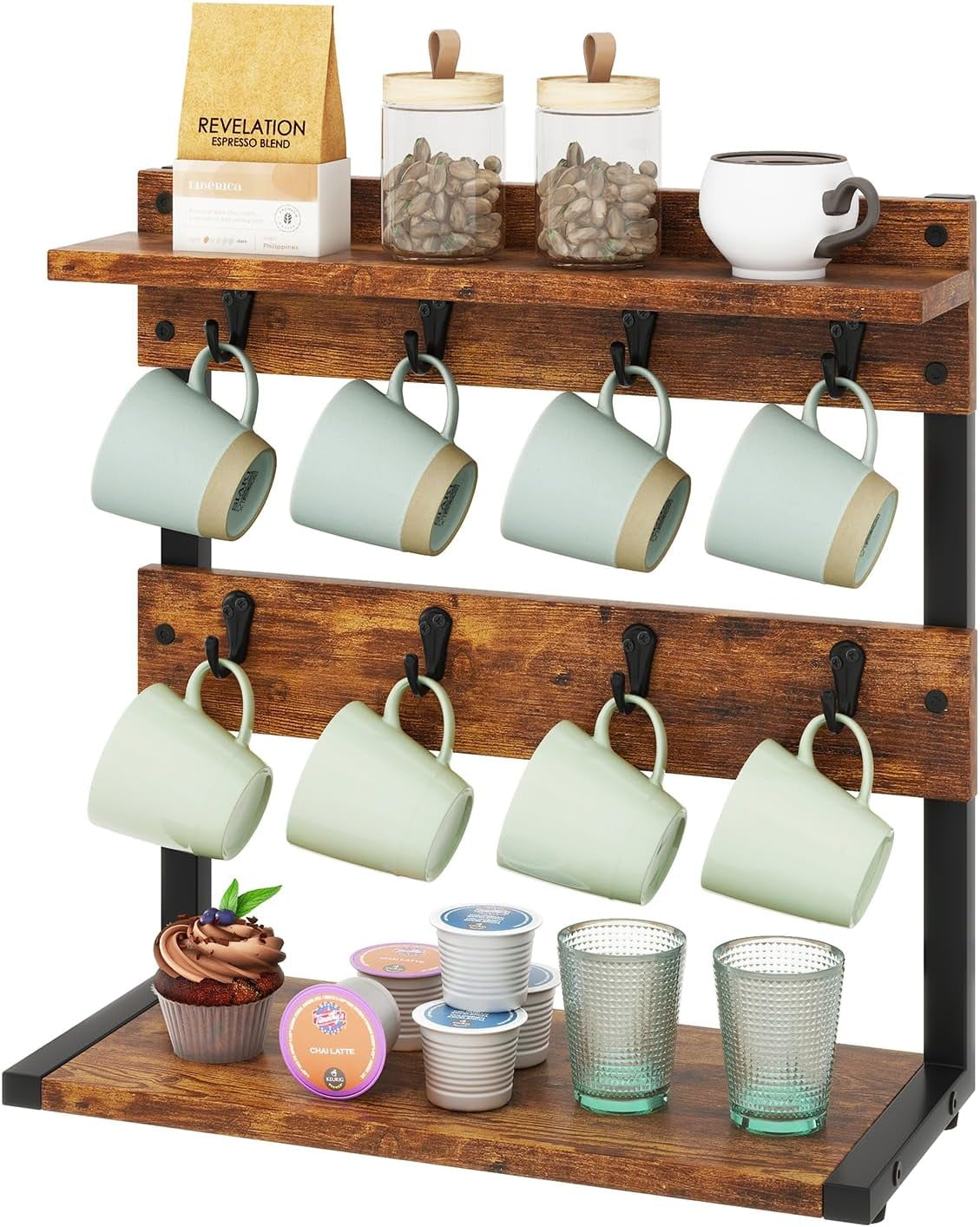 HUA Rustic Coffee Mug Holder Stand, 2 Tier Countertop Mug Tree Holder ...